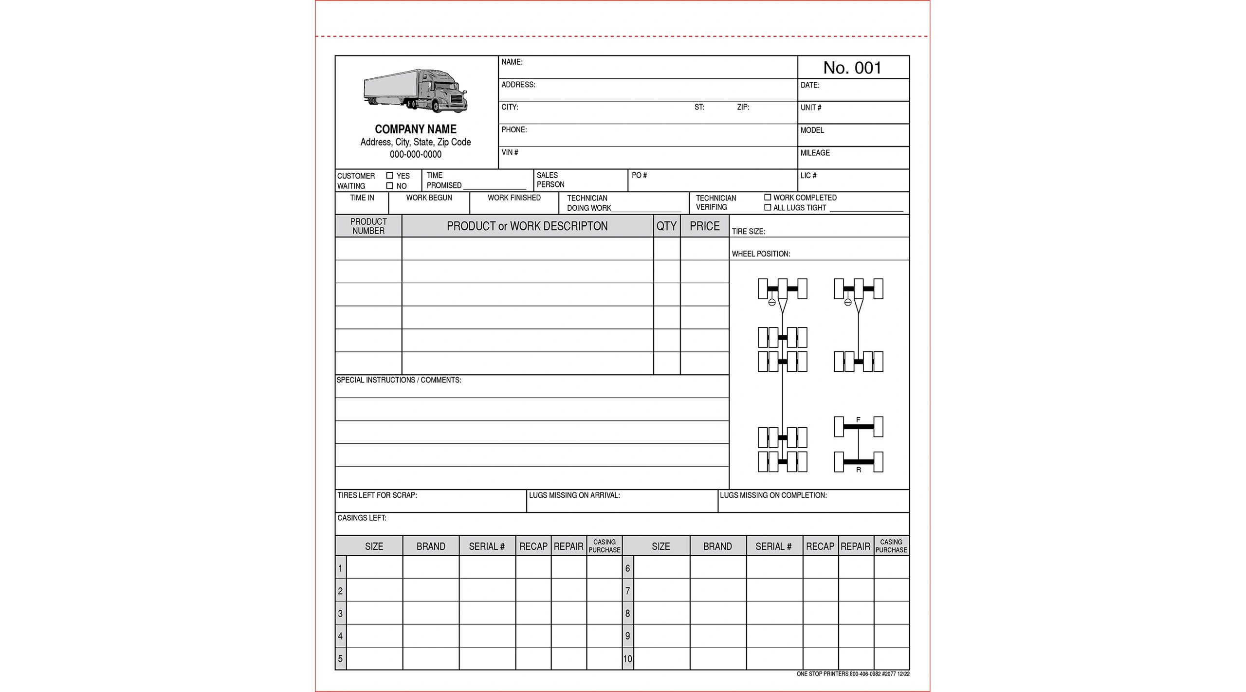 Semi-Truck Tire Service Repair Order