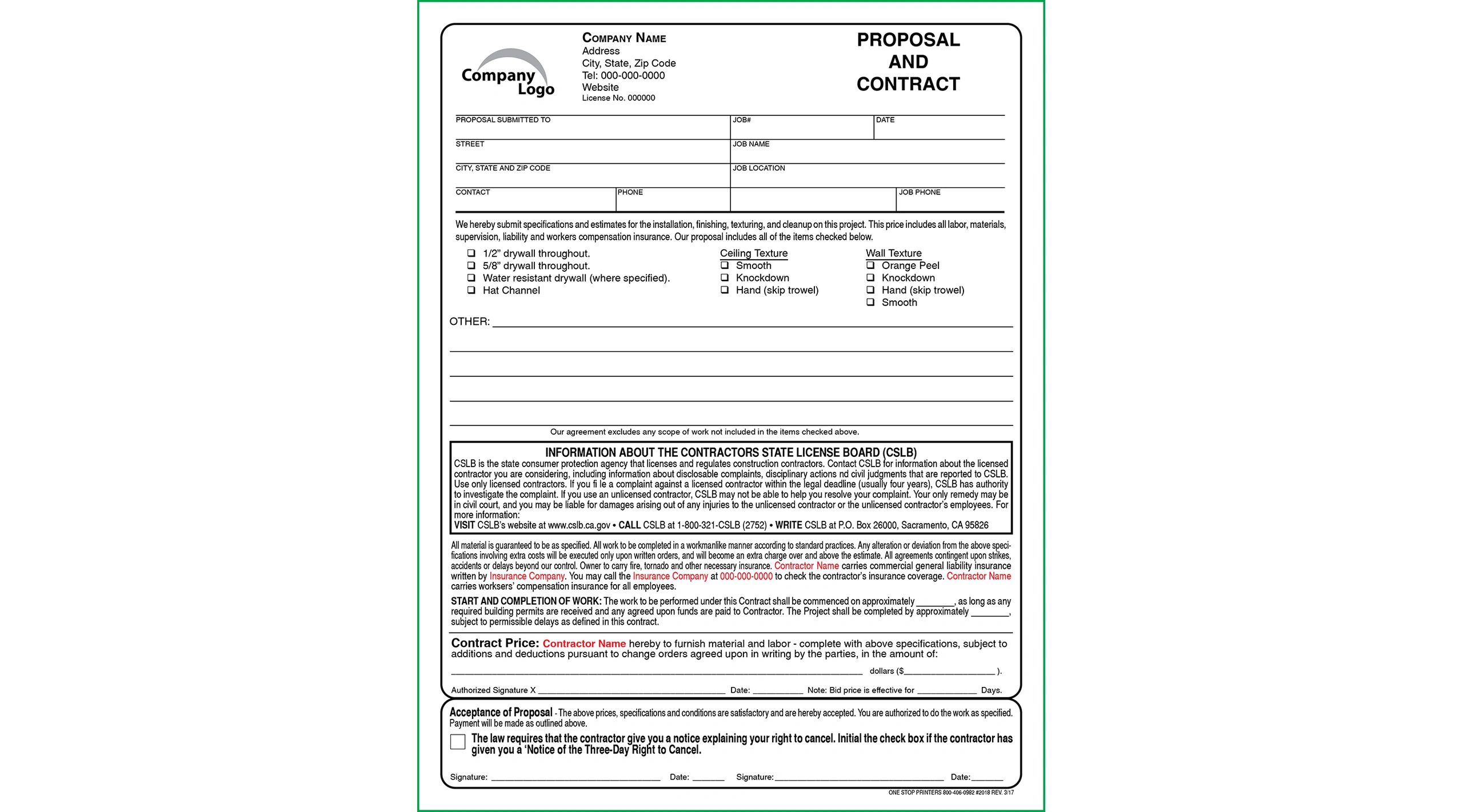 California Drywall Proposal and Contract