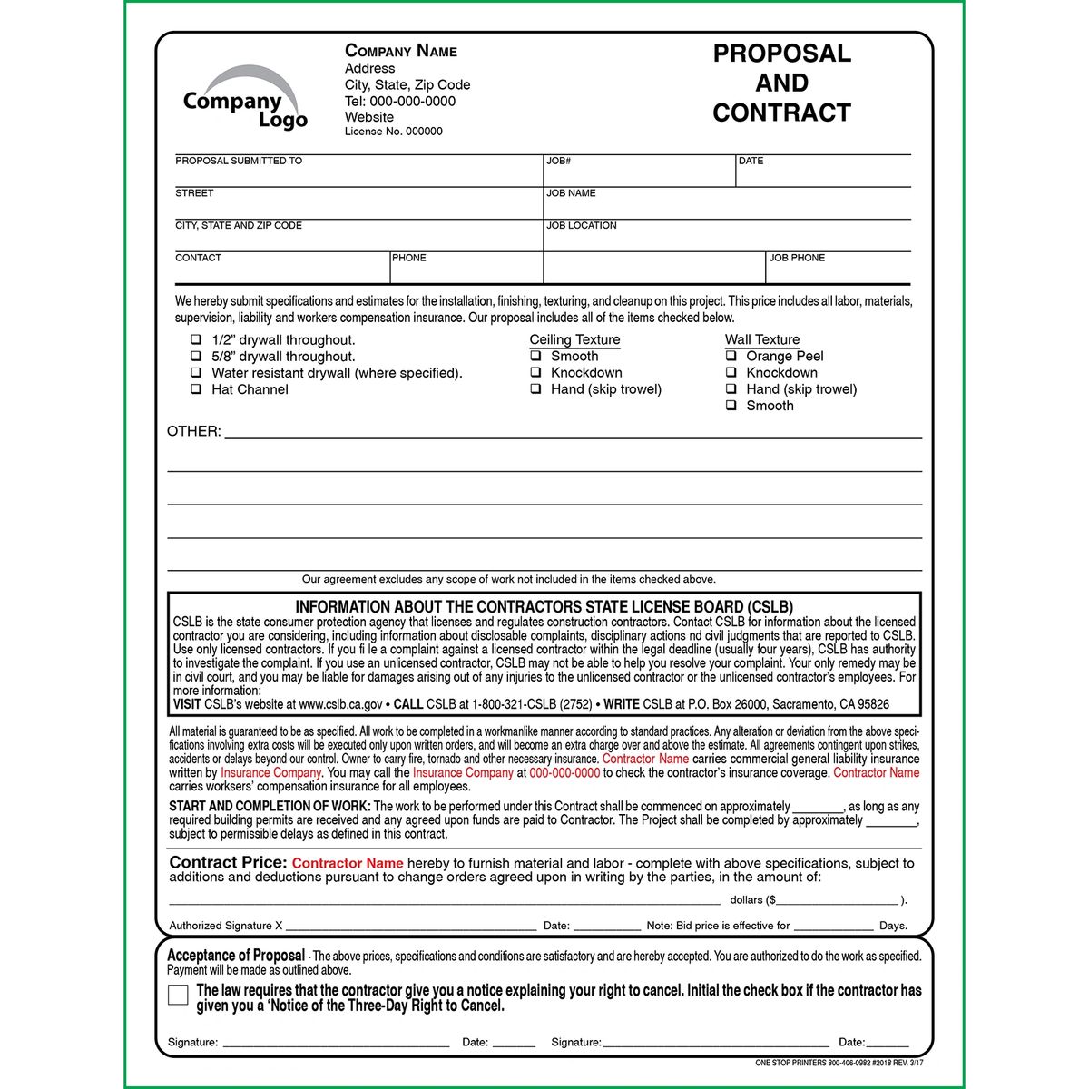 Drywall Proposal Contract for California #2018