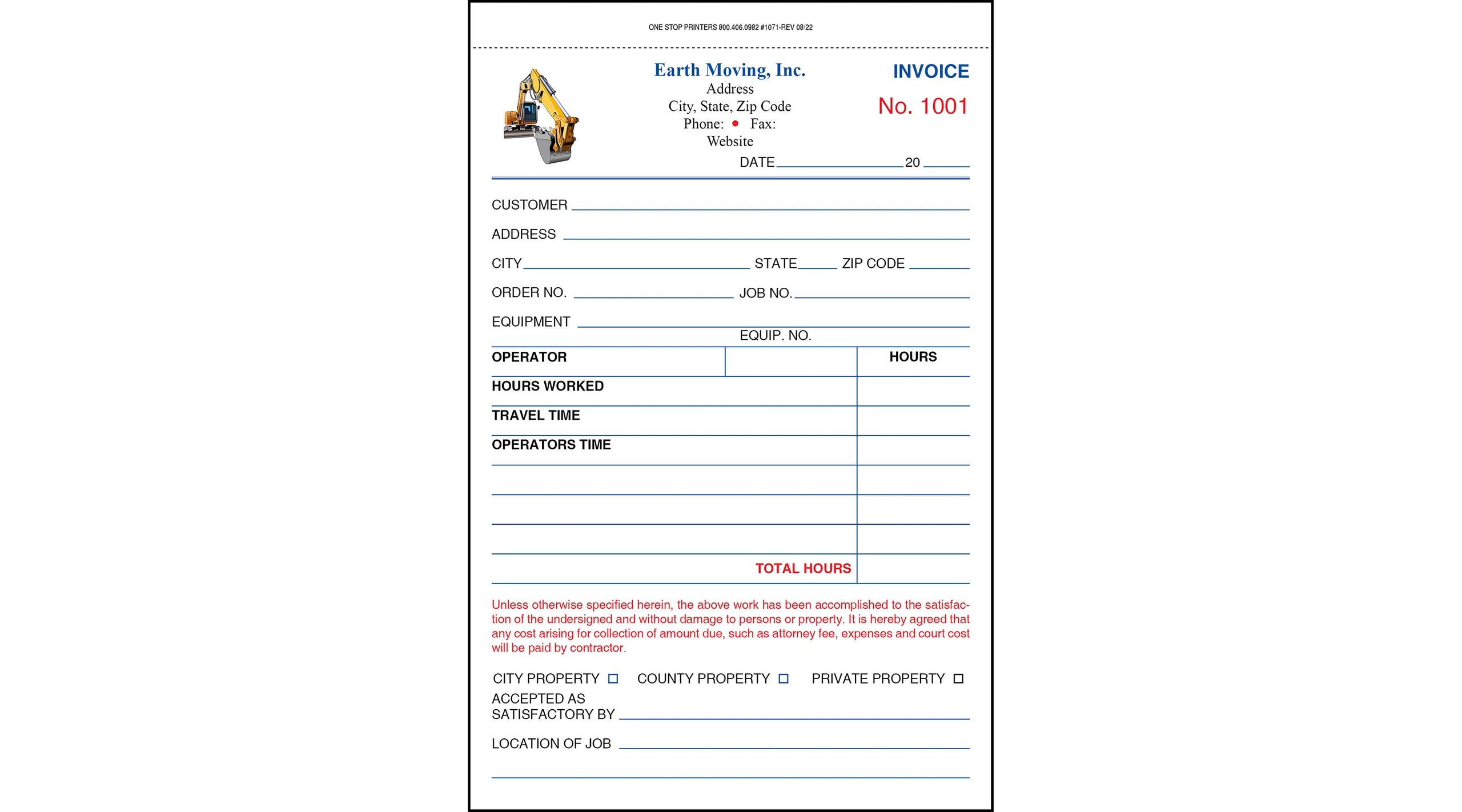 Heavy Equipment Earth Moving Invoice/Work Order