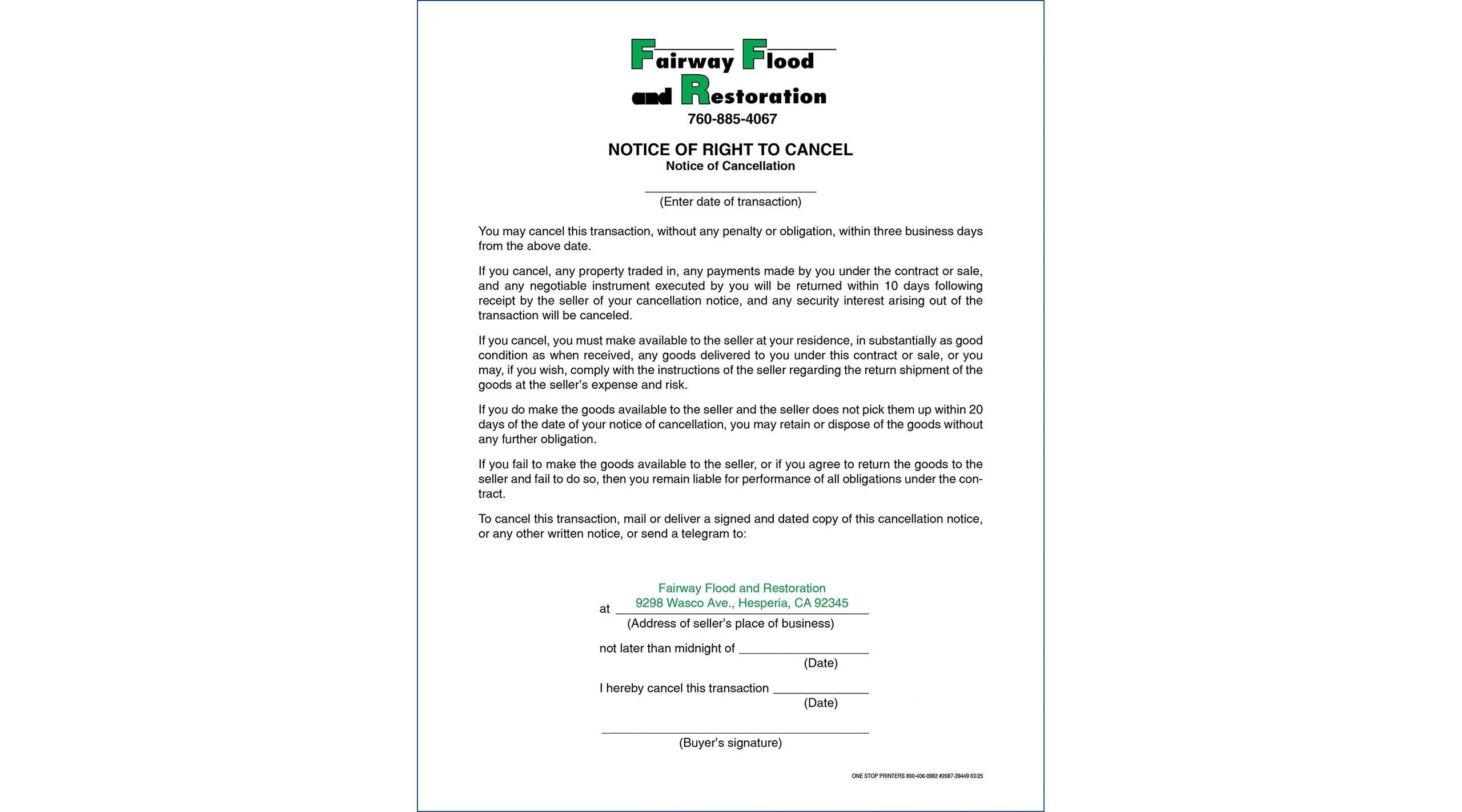 Contractor’s 3 Day Notice of Right to Cancel