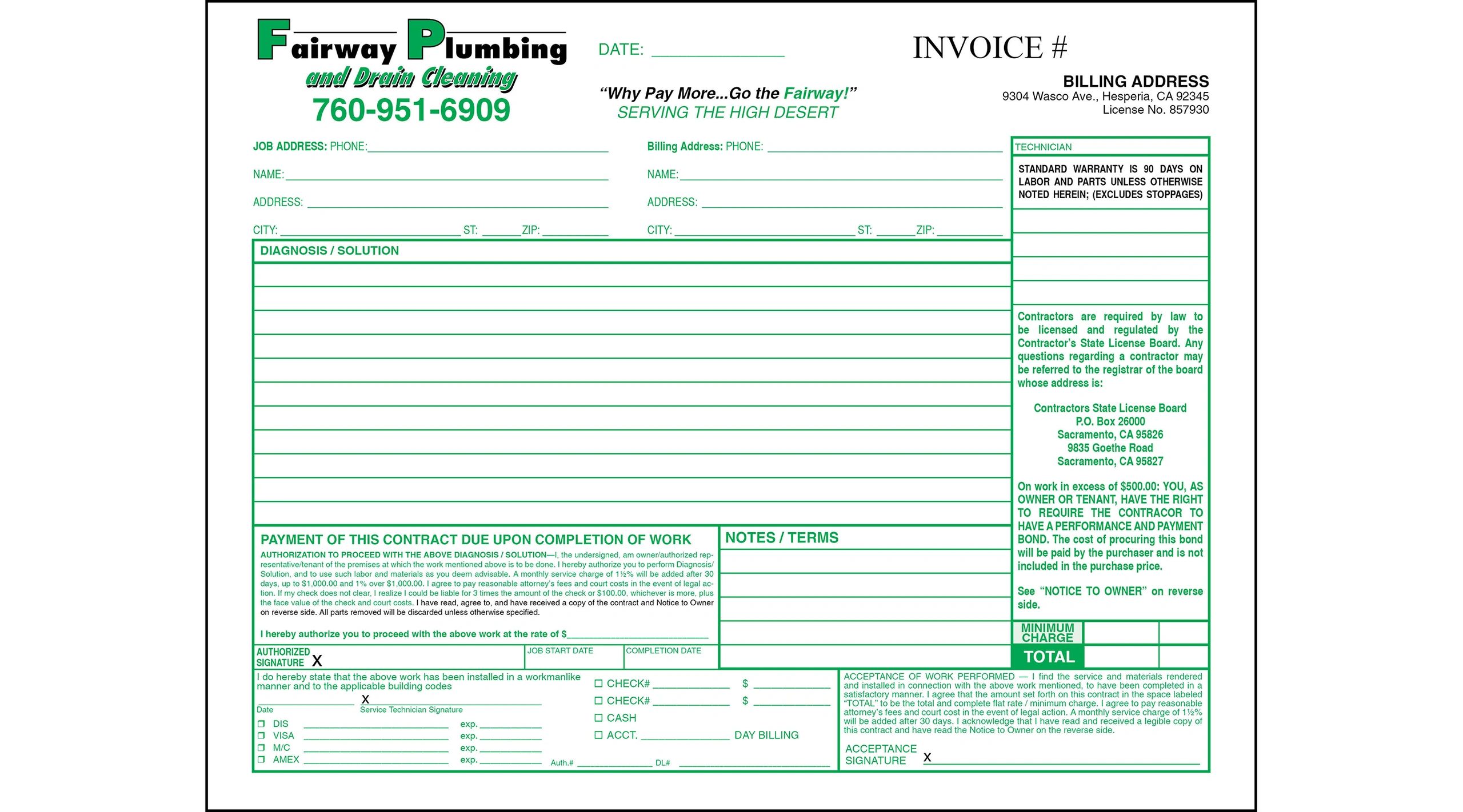 Plumbing Invoice and Service Order Receipt