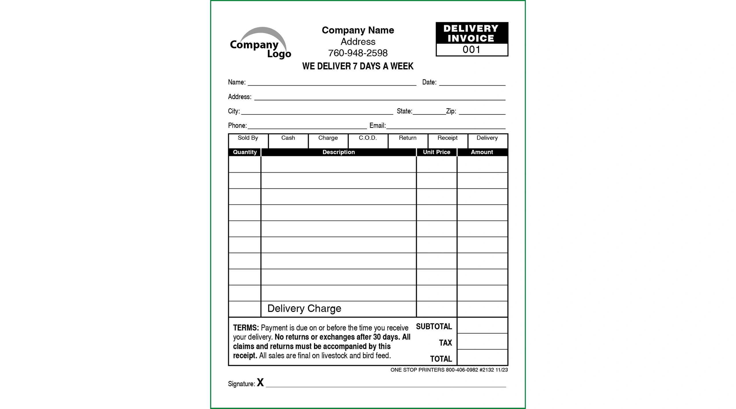 Feed Store Delivery Invoice