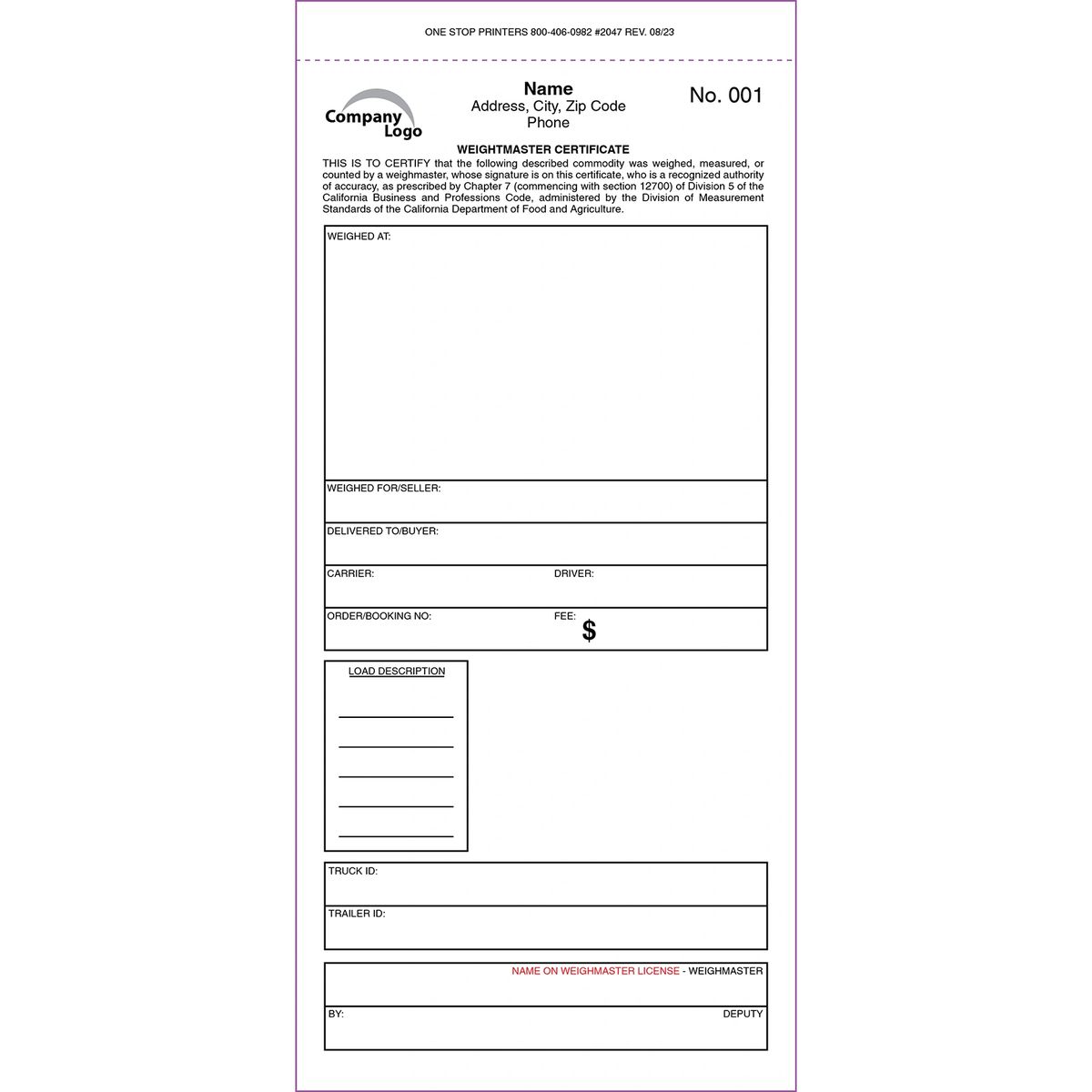 Agriculture Weighmaster Certificate California #2047