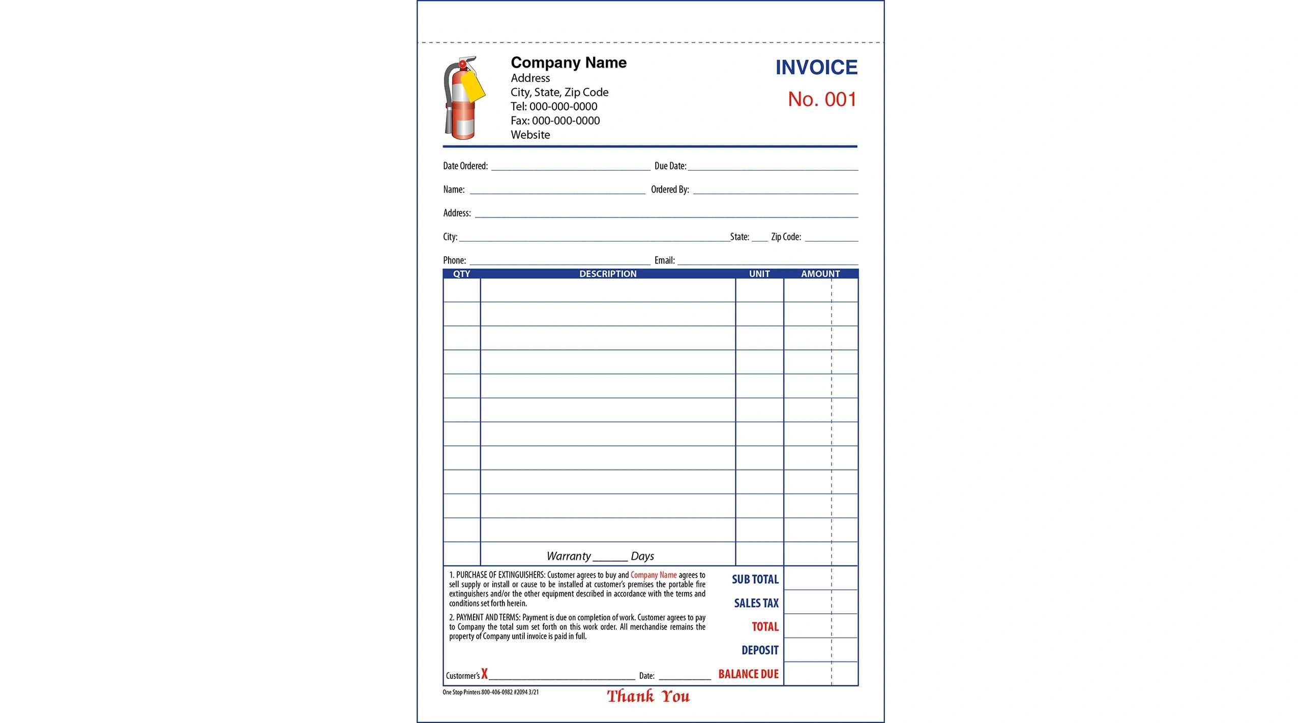 Basic Fire Protection Invoice/Work Order