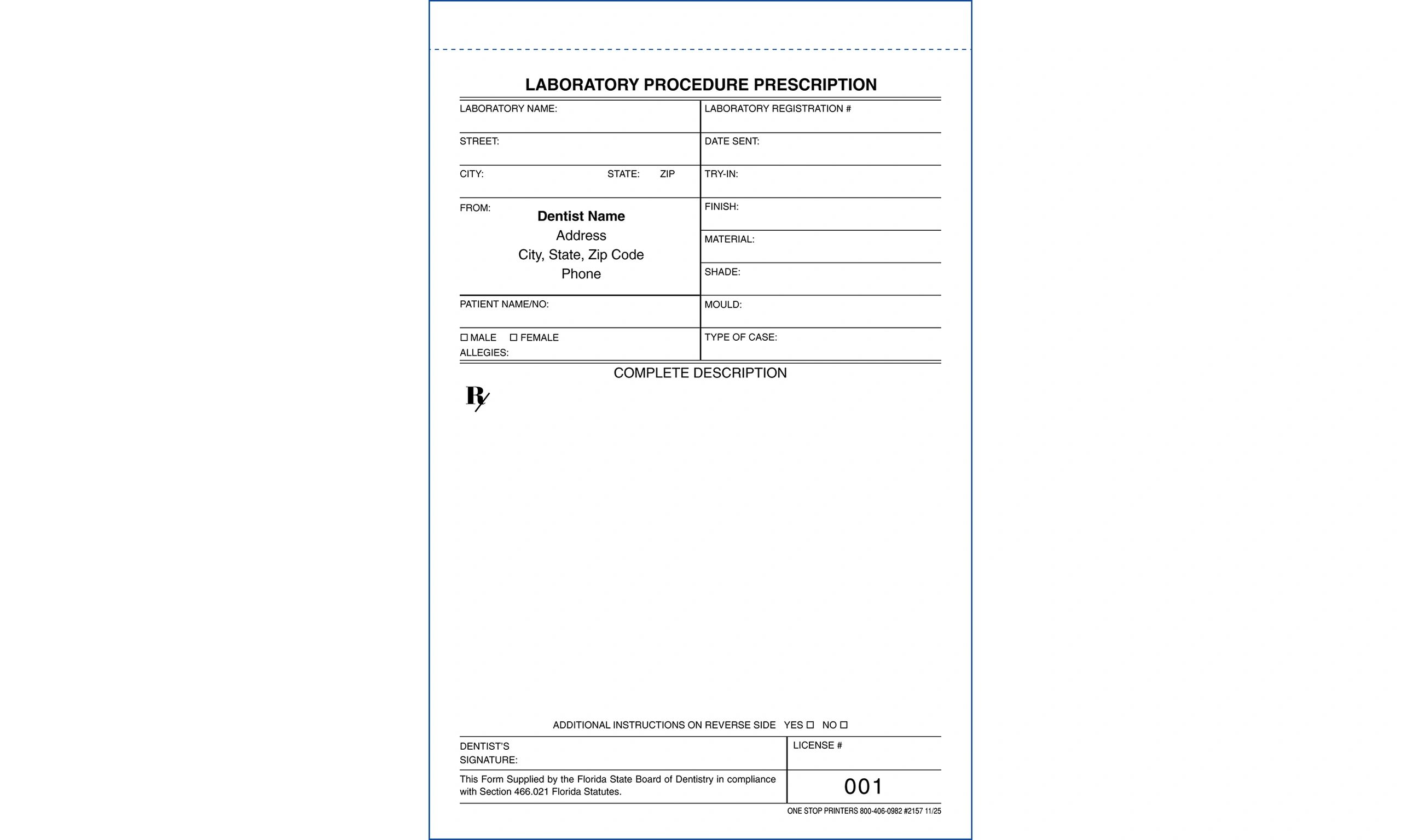 Florida Dental Lab Slip