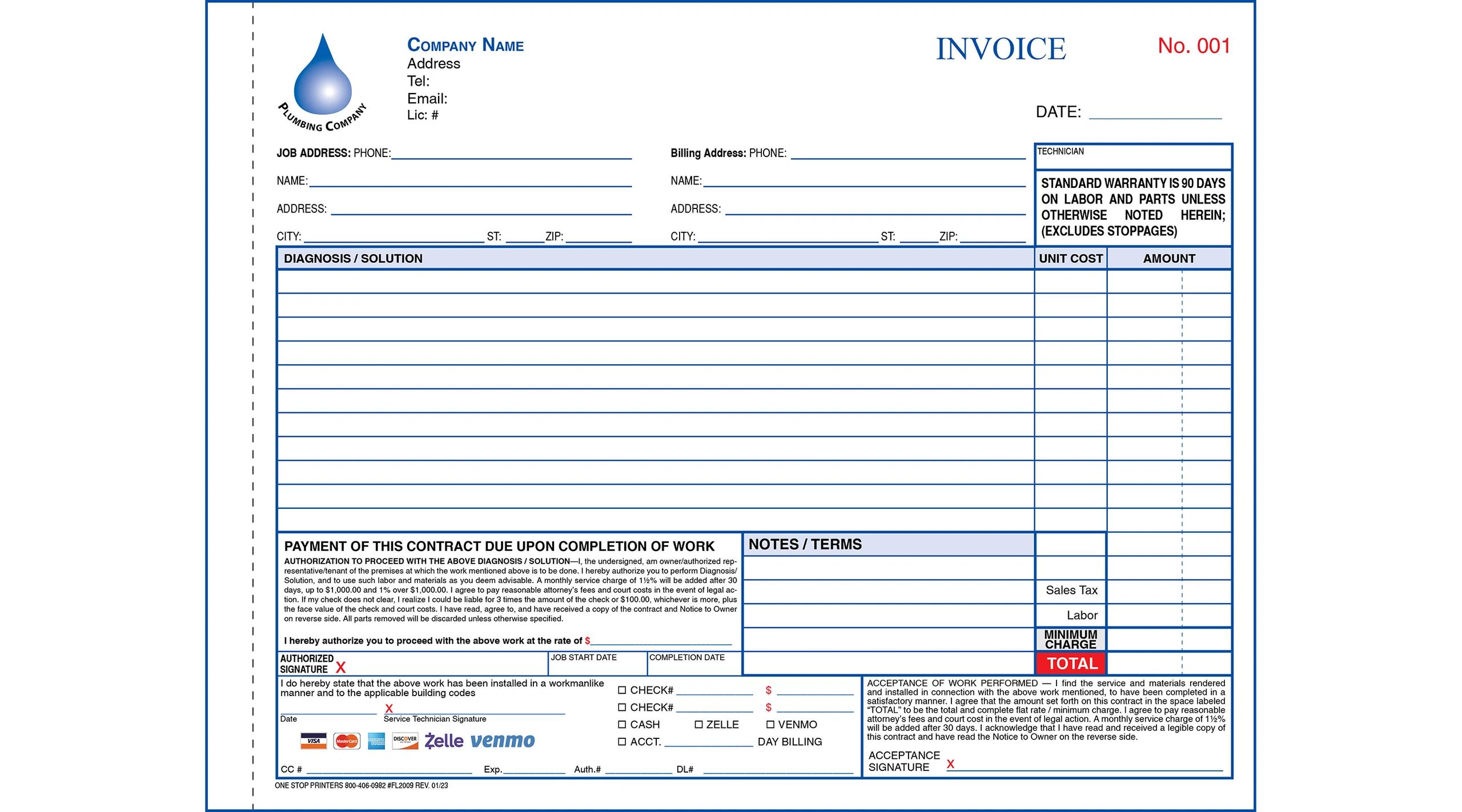 Florida Plumbing Work Order/Invoice