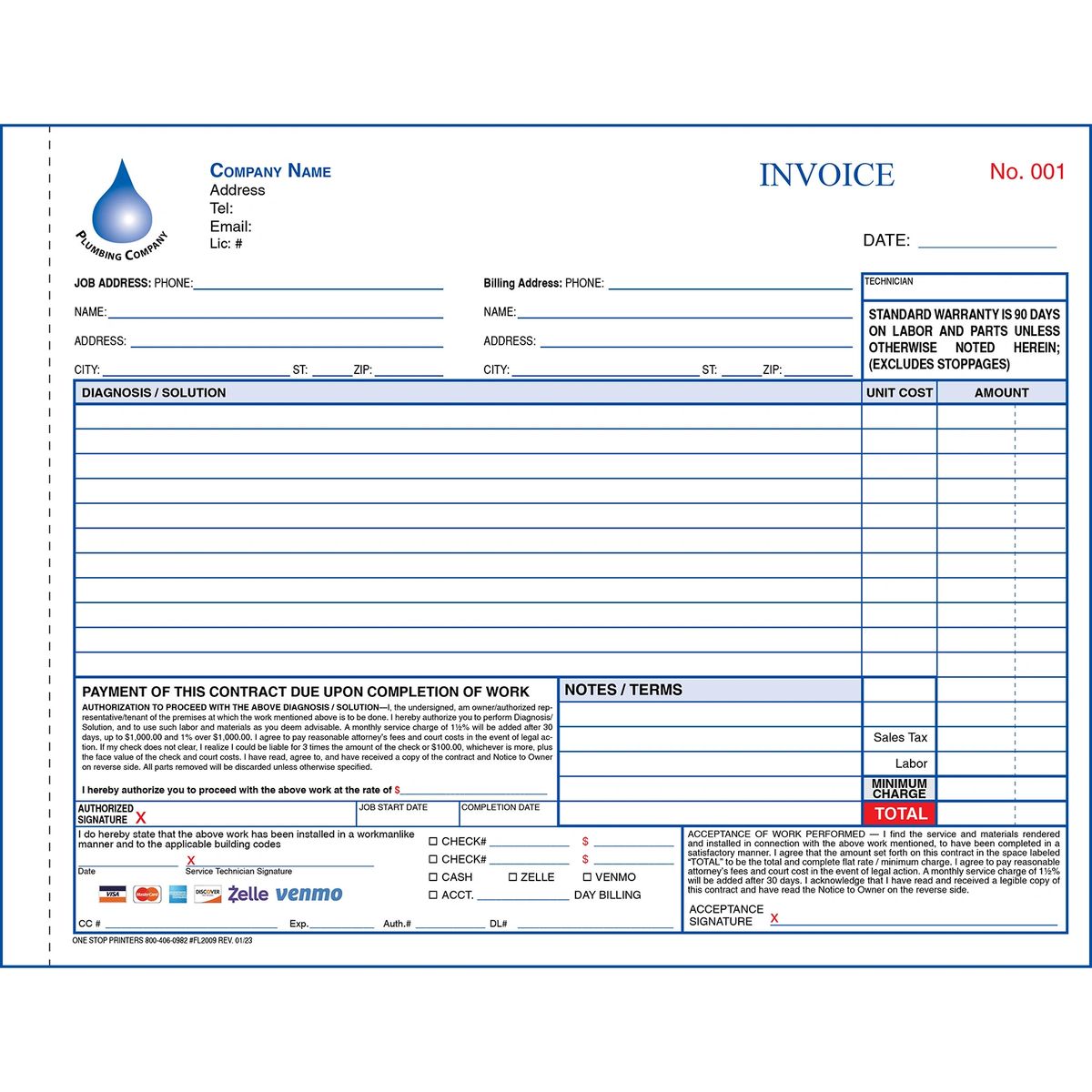 Florida Plumbing and Mechanical Field Invoice #P-FL2009