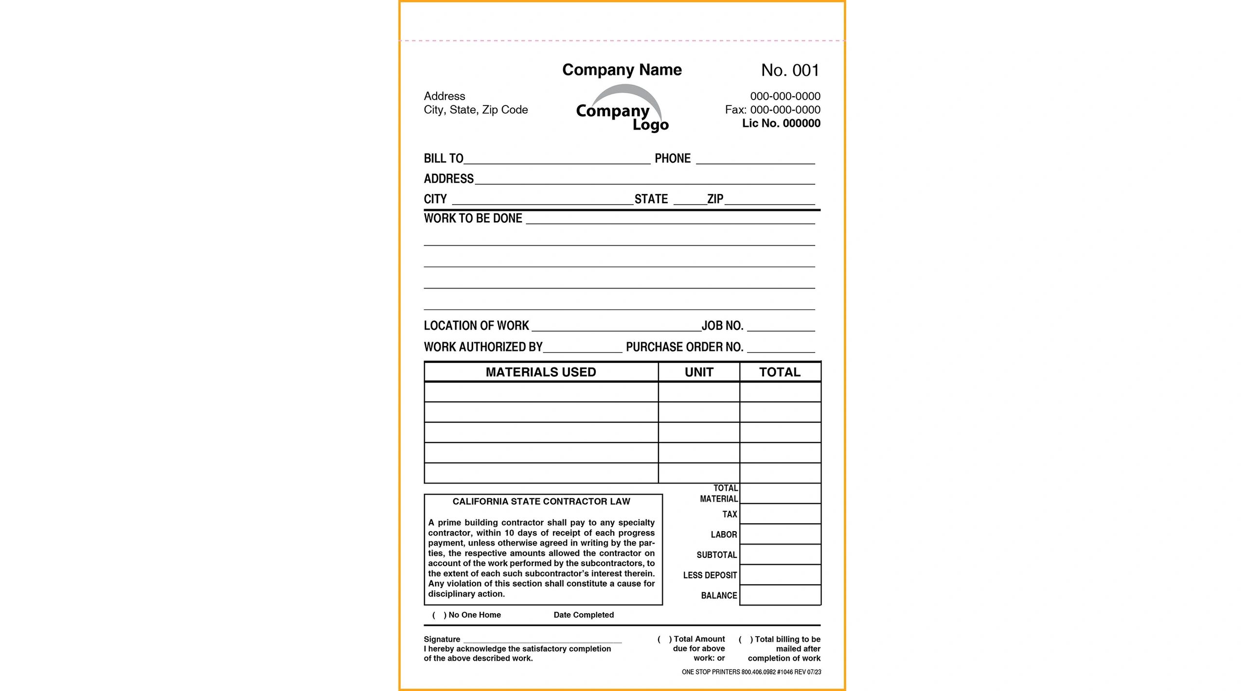 Garage Door Installation and Repair Invoice