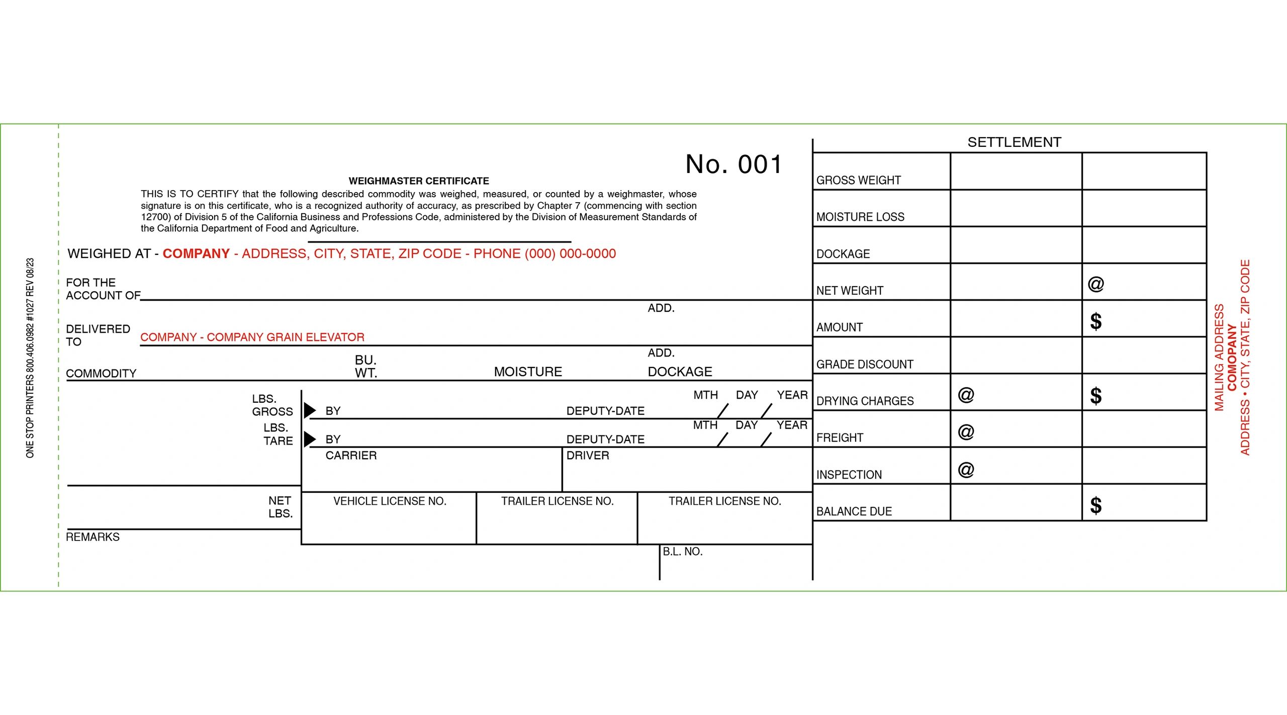 California Weighmaster Certificate for Grain Storage