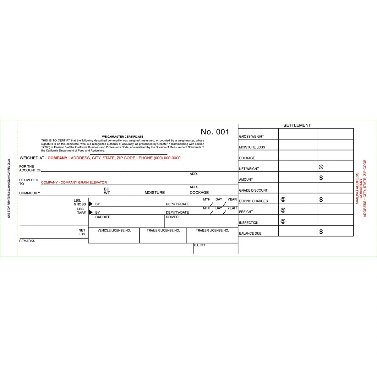 Grain Elevator Weighmaster Certificate #1027