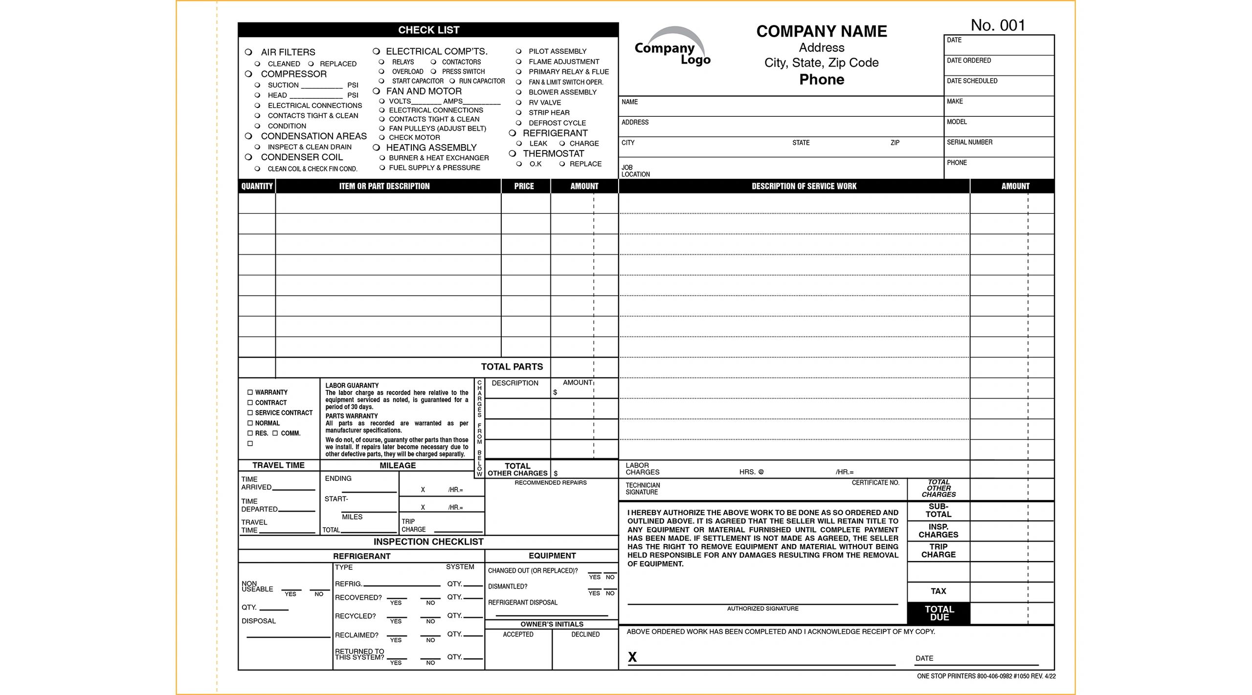 Heating and Air Conditioning Invoice/Work Order