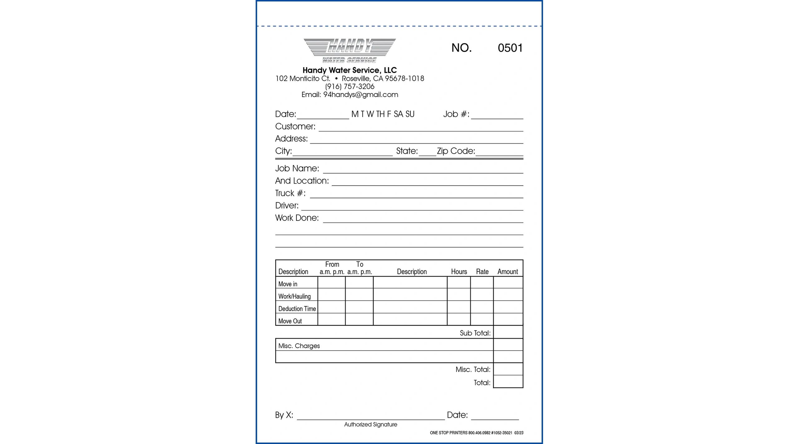 Water Truck Invoice and Work Order