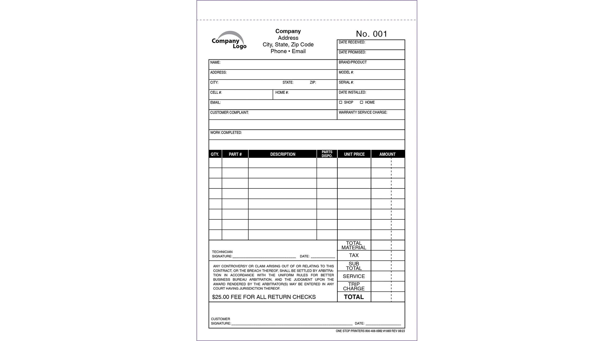 Home Appliance Repair Work Order/Invoice