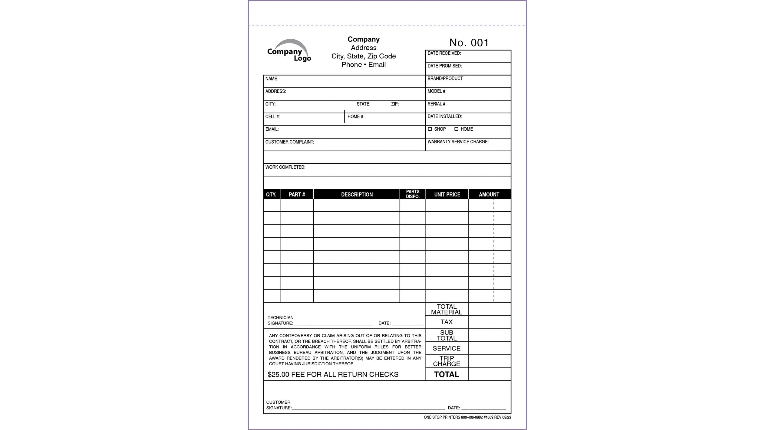 Home Appliance Repair Invoice