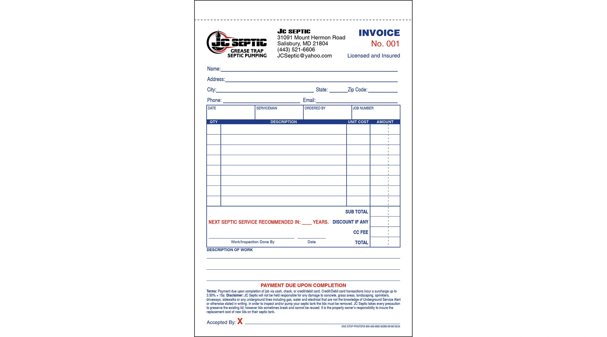 Septic Pumping Invoice/Receipt