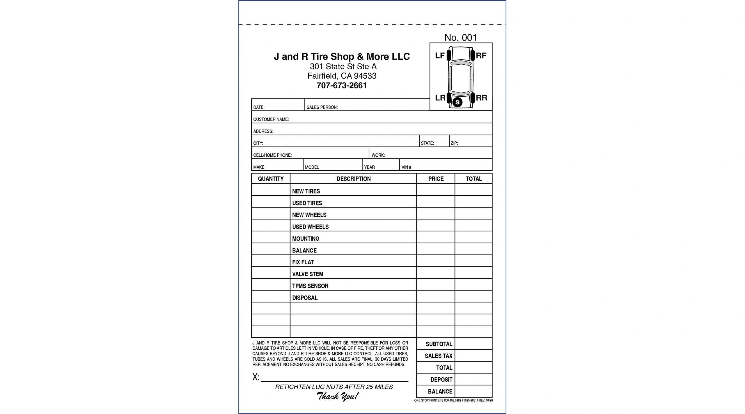 Automotive Tire Shop Invoice and Repair Order