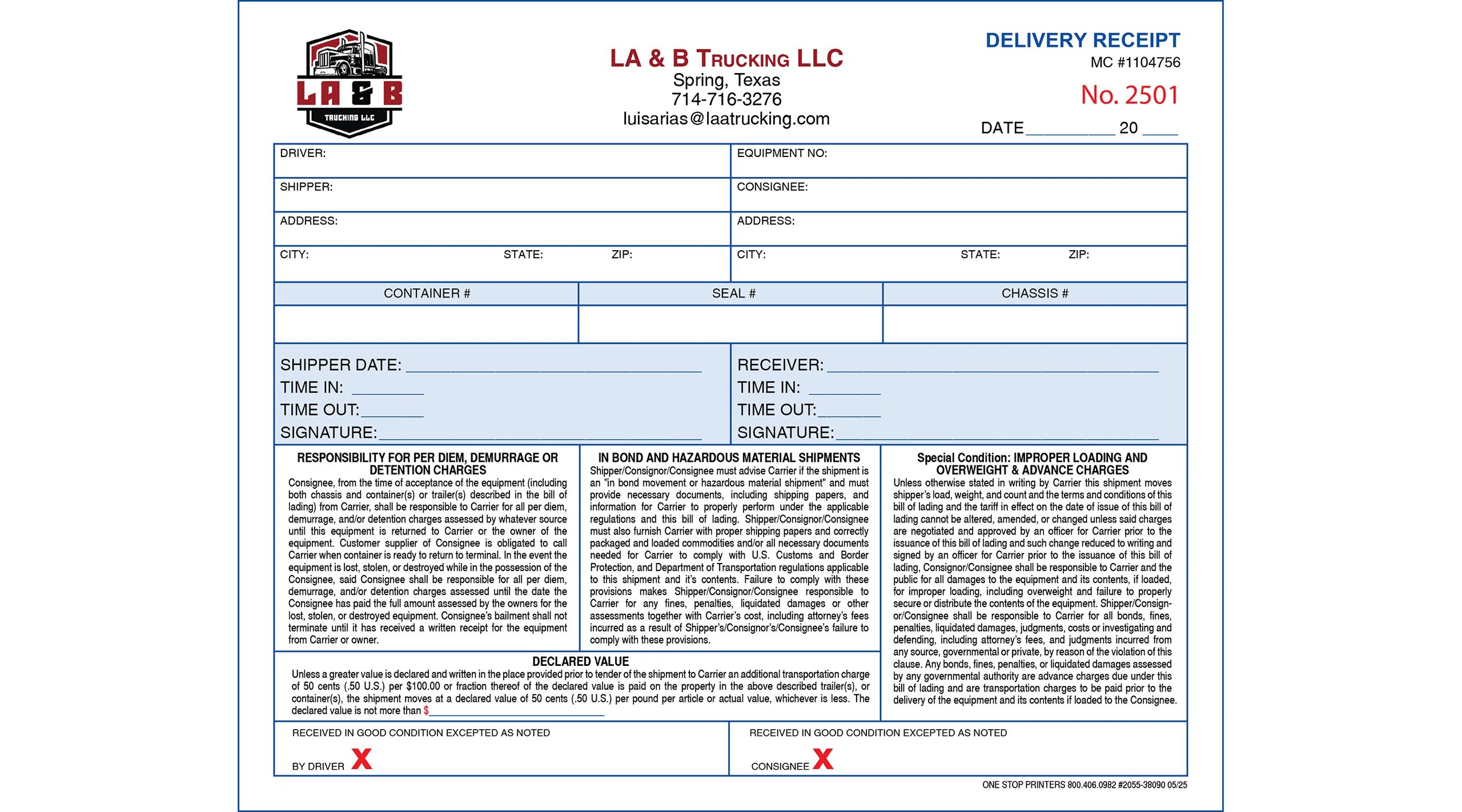Truck Container Delivery Receipt