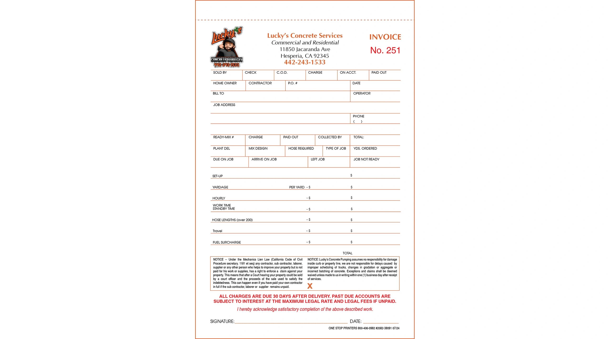 Concrete Pumping Invoice/Work Order