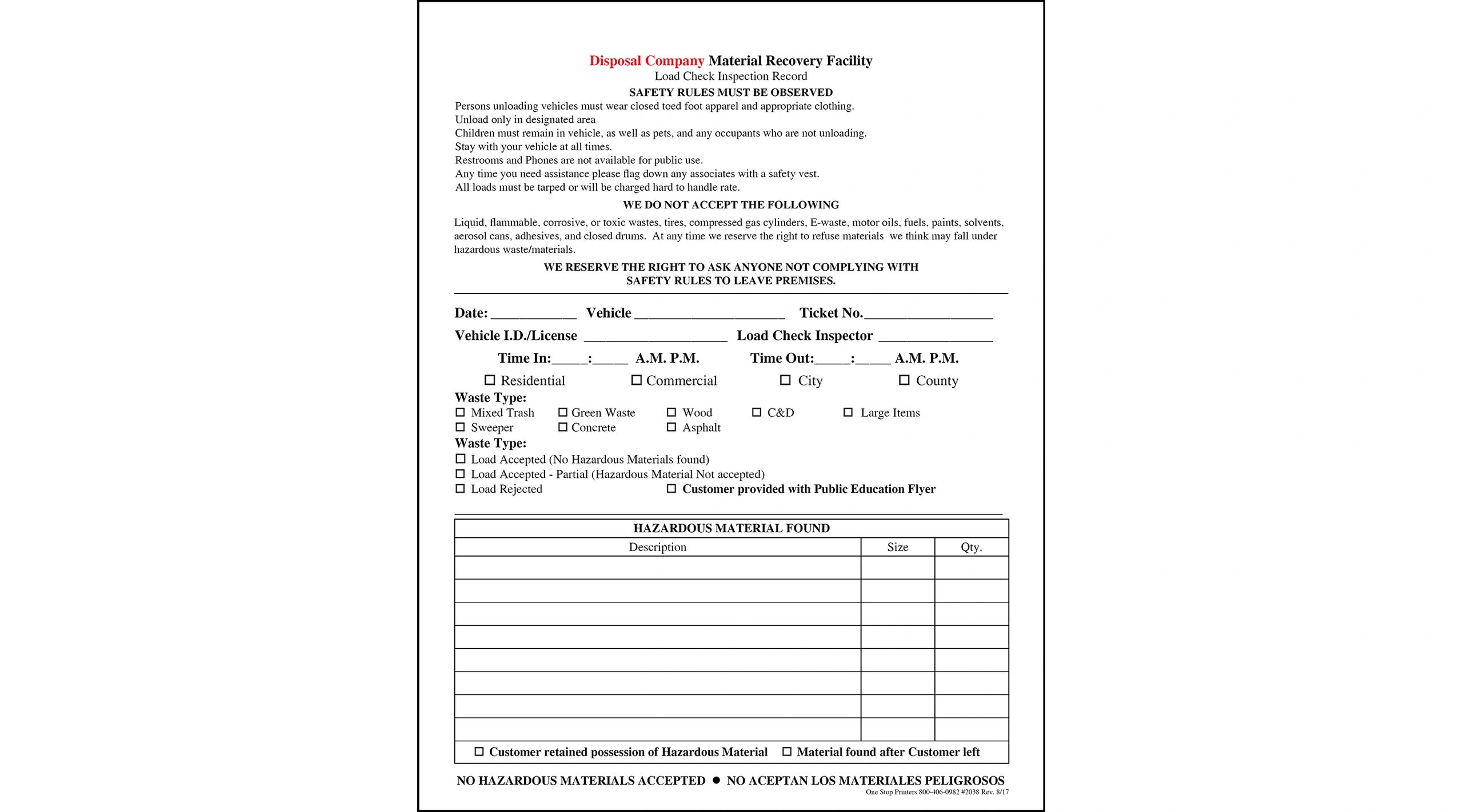 Material Recovery Facility Load Check Inspection Report