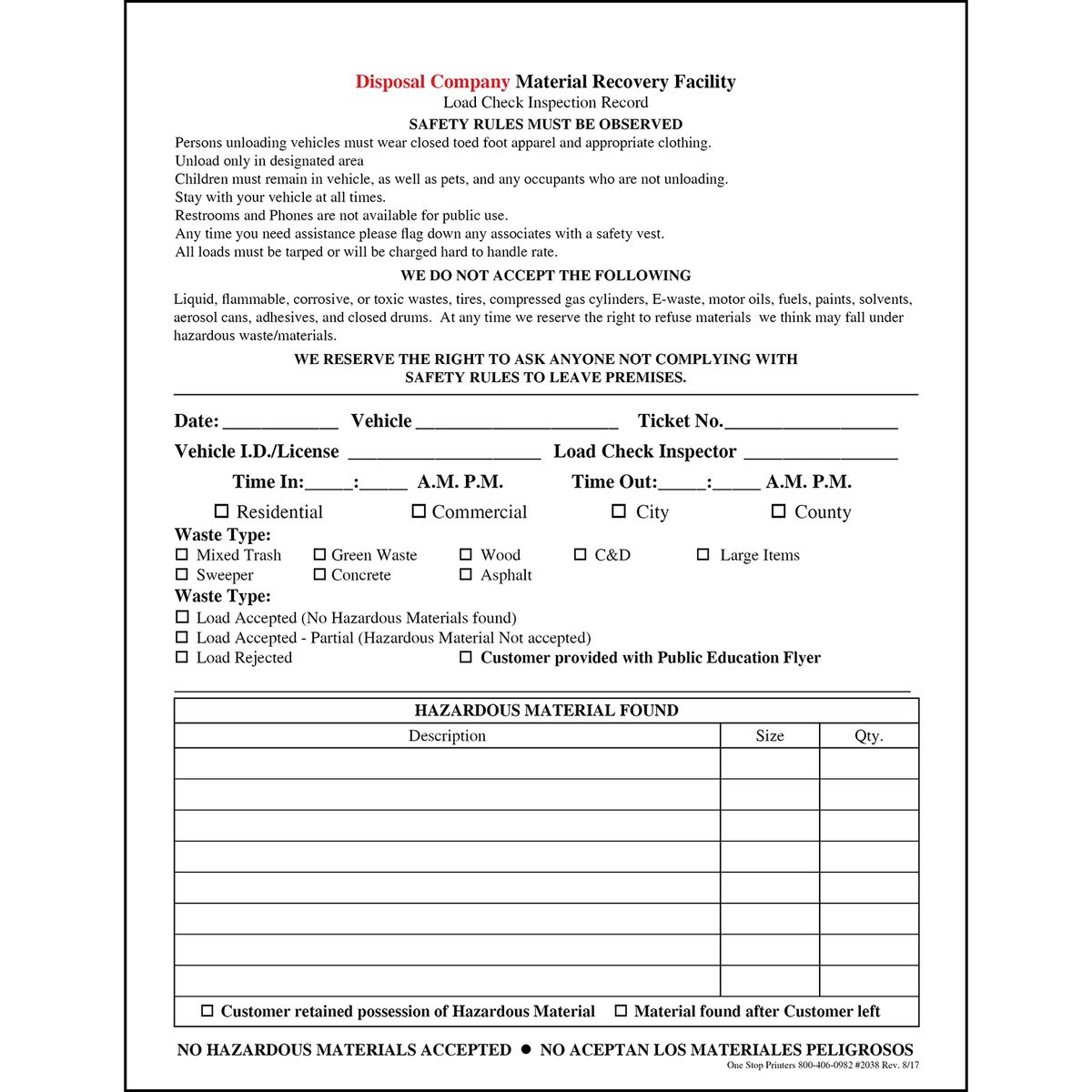 Material Recovery Facility Load Check Inspection Record Pads #2038