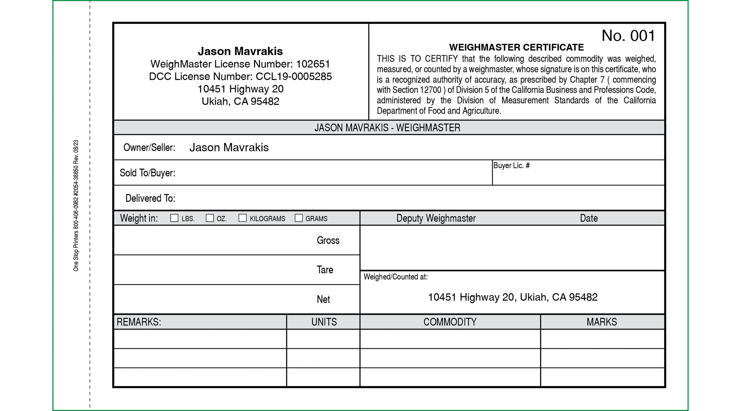 California Cannabis Weighmaster Certificate