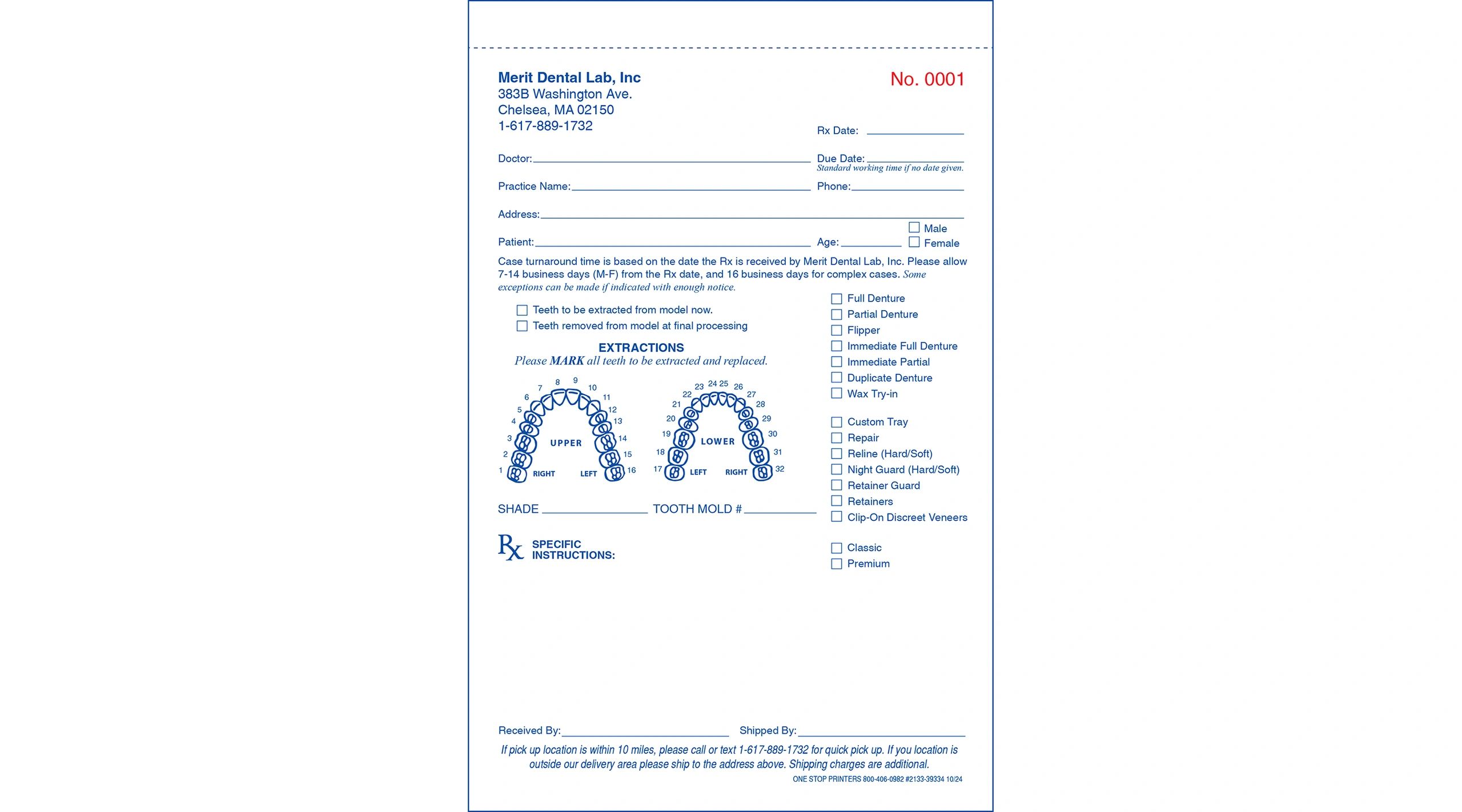 Removal Prosthetic DDS Lab Slip