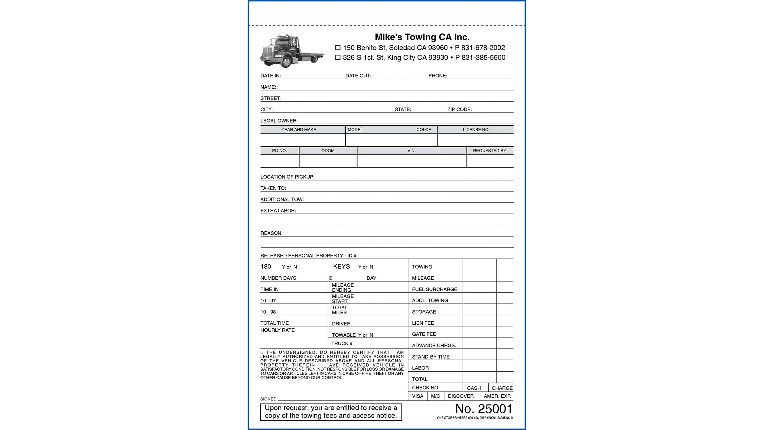 Towing Receipt/Invoice