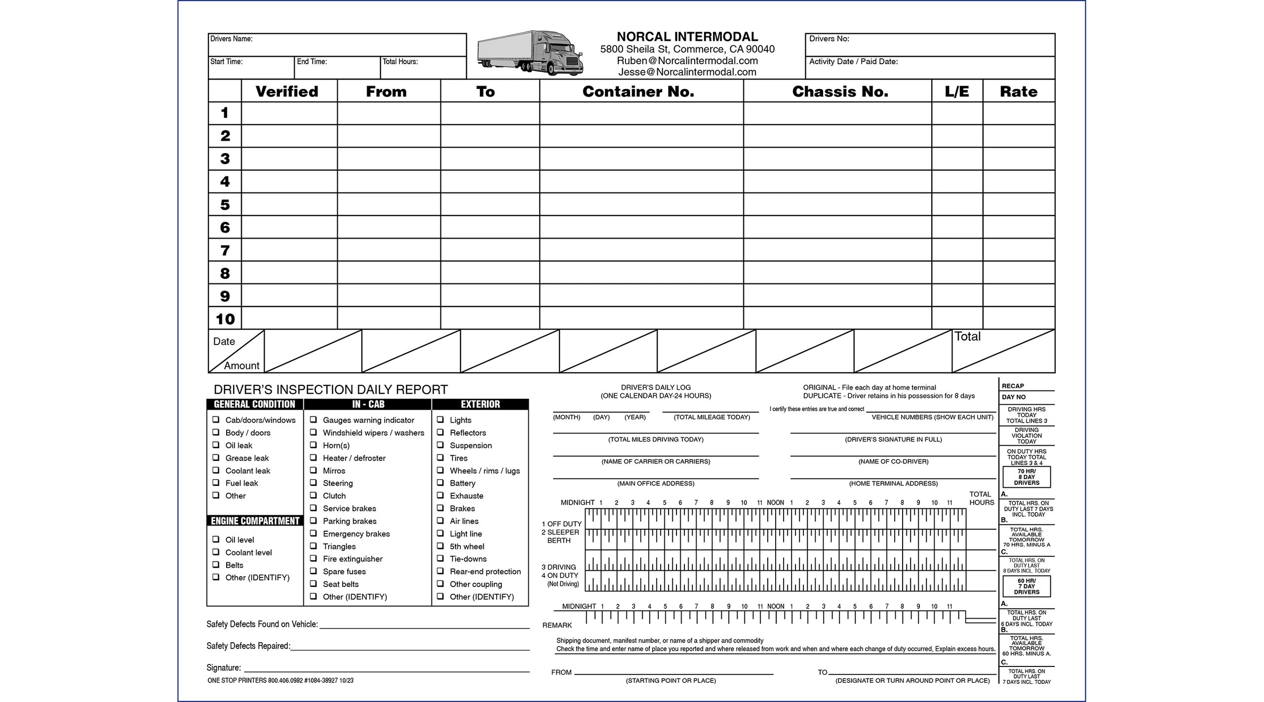 Truck Driver’s Daily Log and Vehicle Inspection Report