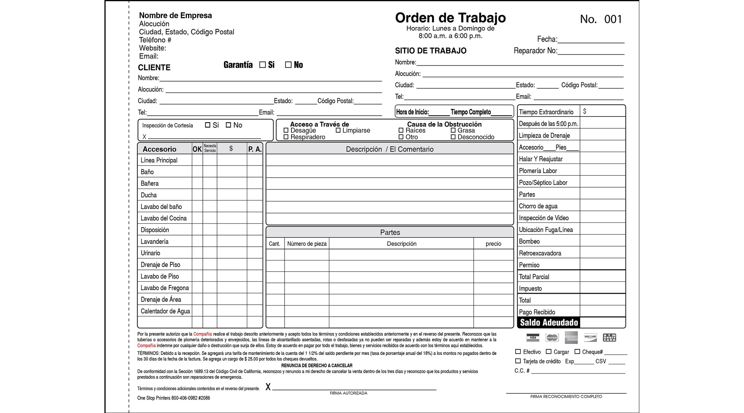 Spanish Plumbing Receipt/Invoice/Work Order