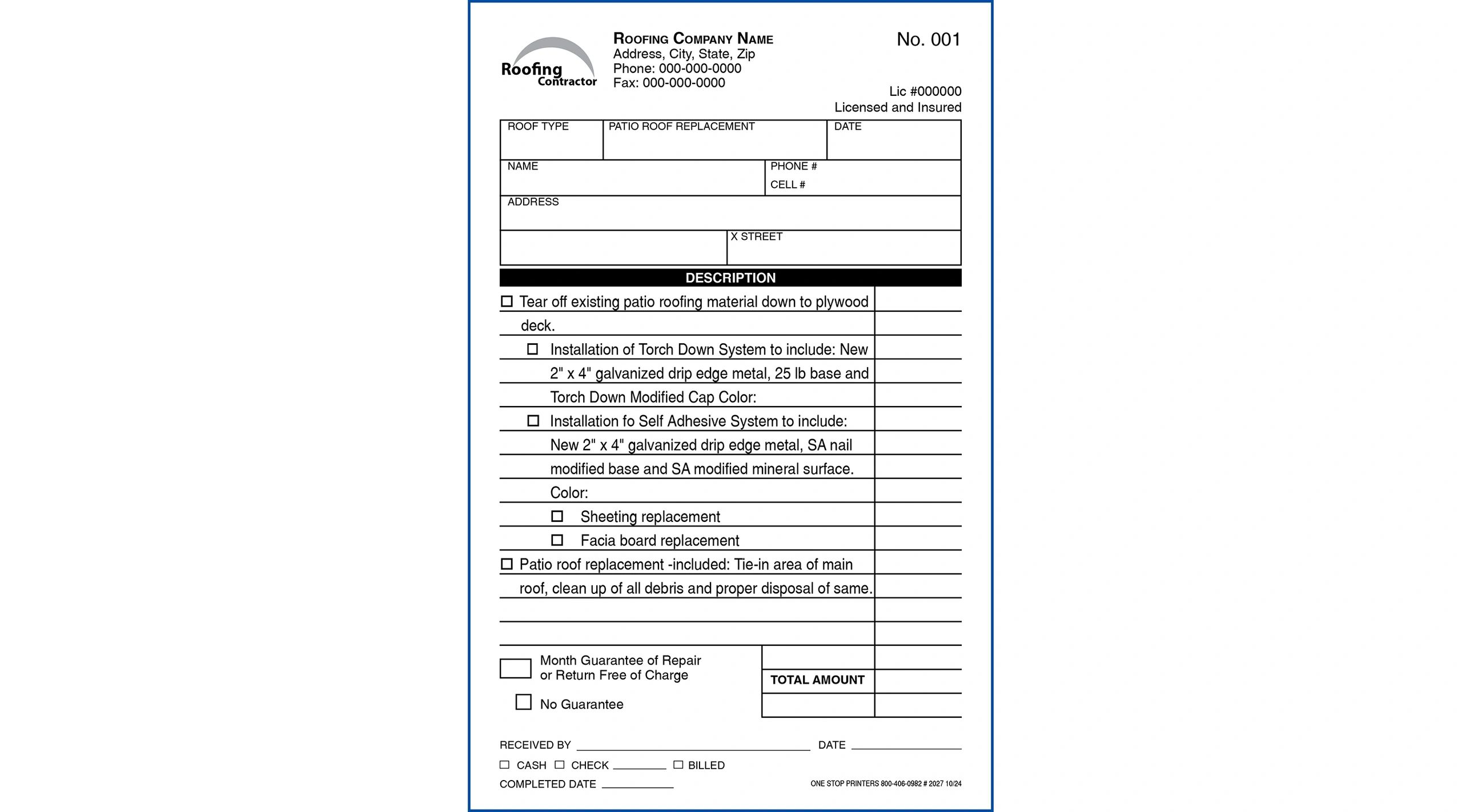 Patio Roof Repair Invoice