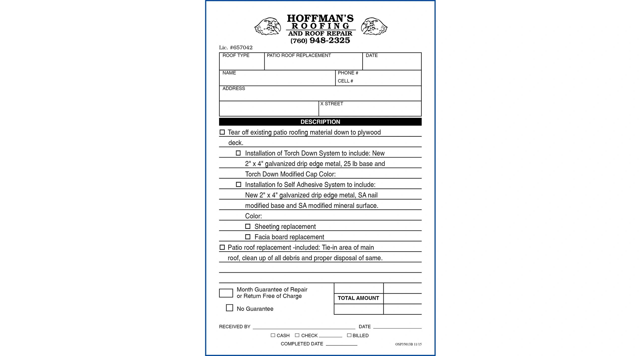 Patio Repair Work Order and Invoice