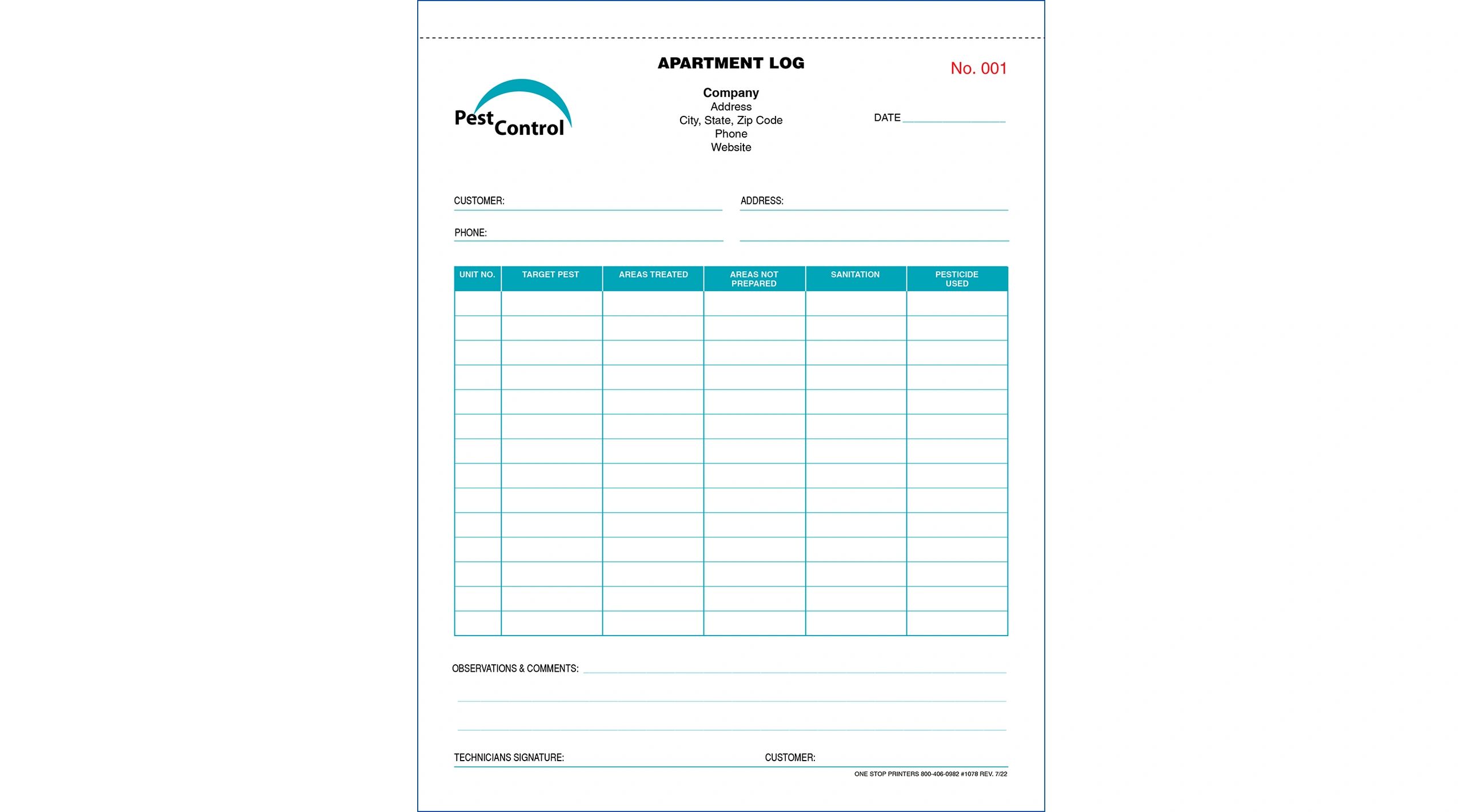 Pest Control Apartment Log and Sanitation Report