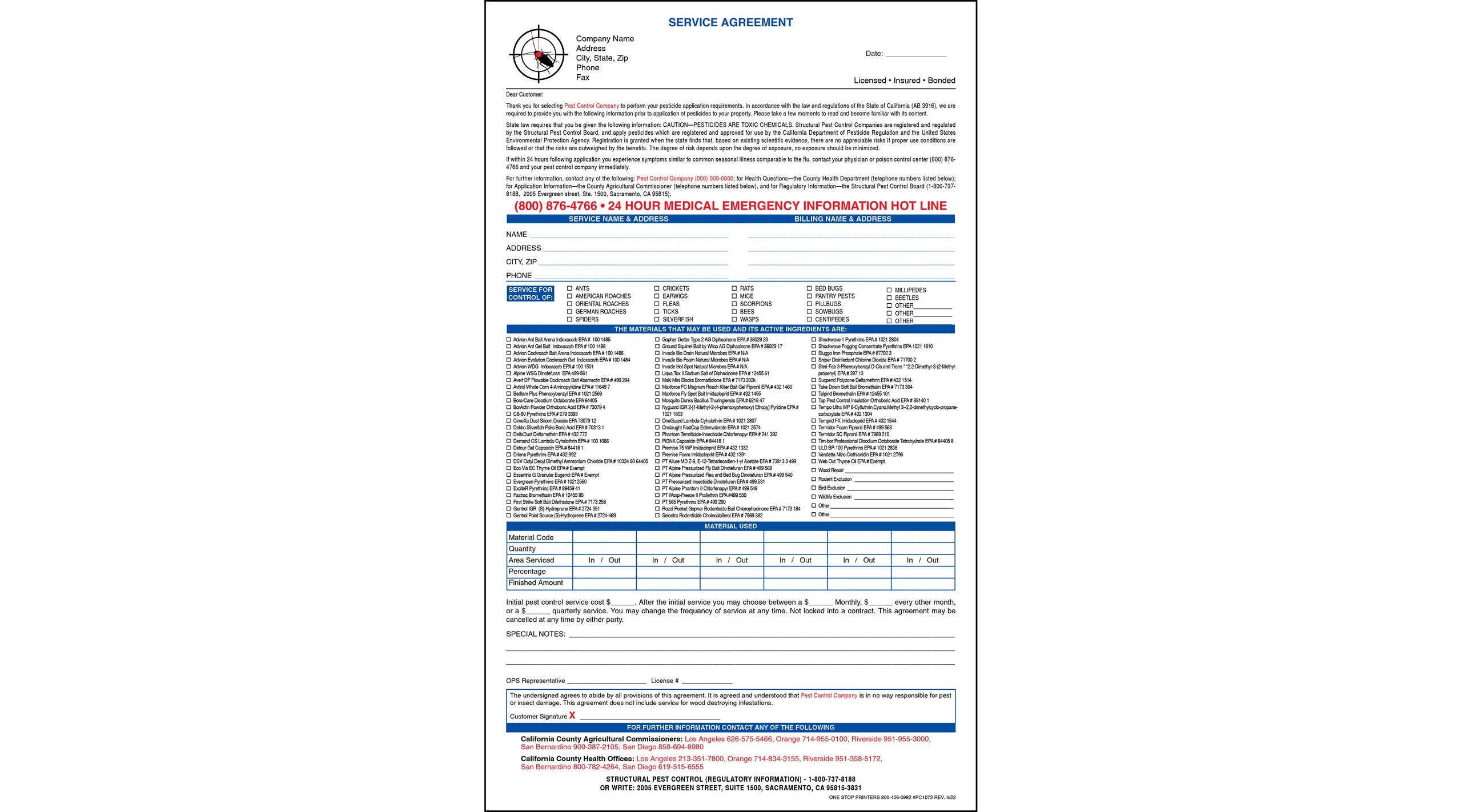 Pest Control Service Agreements and Service Slips