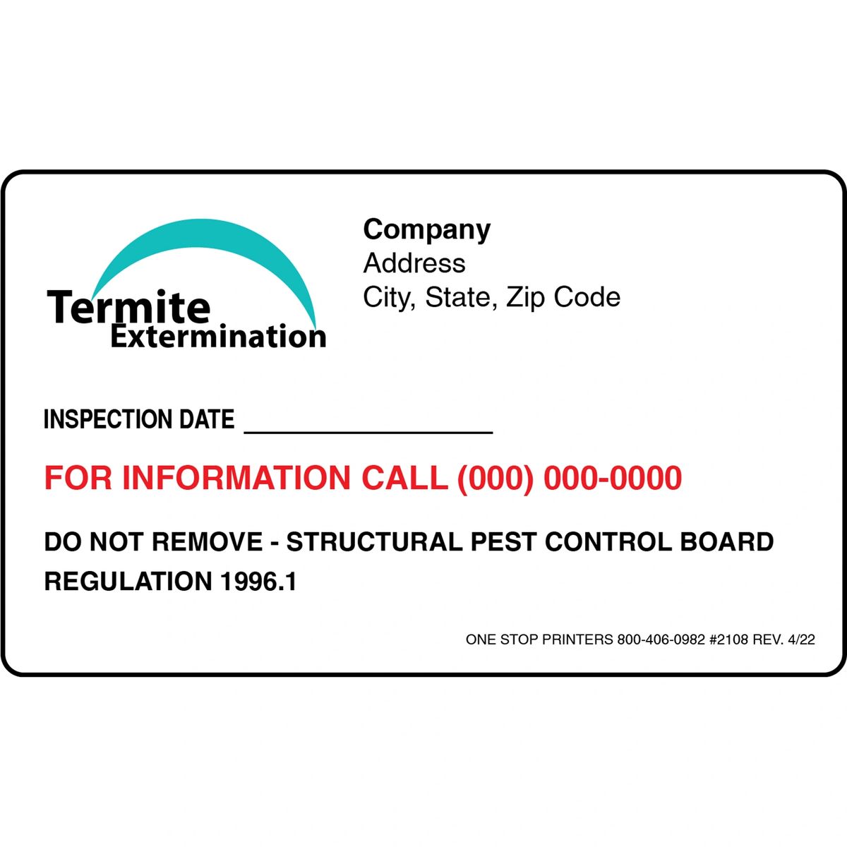 Termite Inspection Roll Label #2108