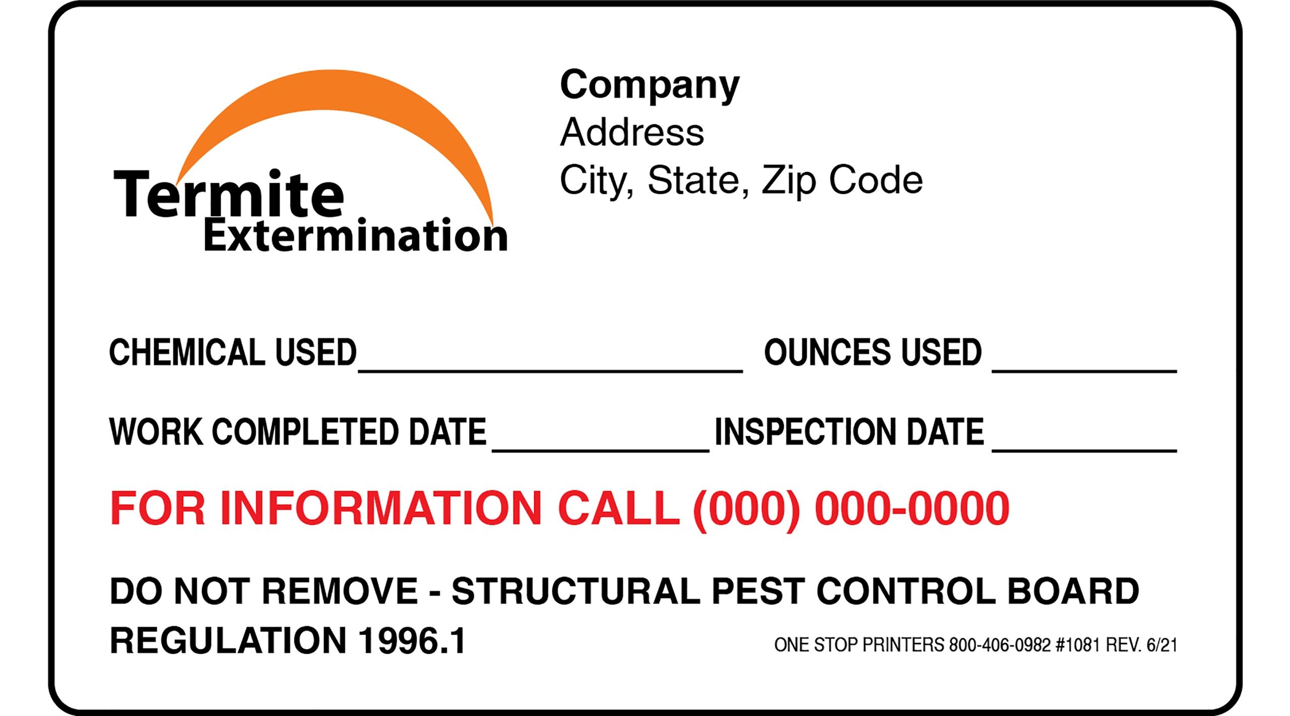 Termite Work Completed Roll Labels