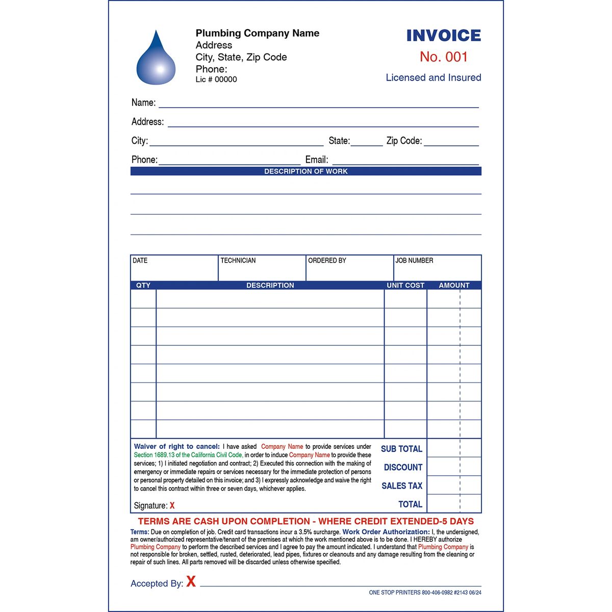 Plumbing and Drain Cleaning Invoice #2143