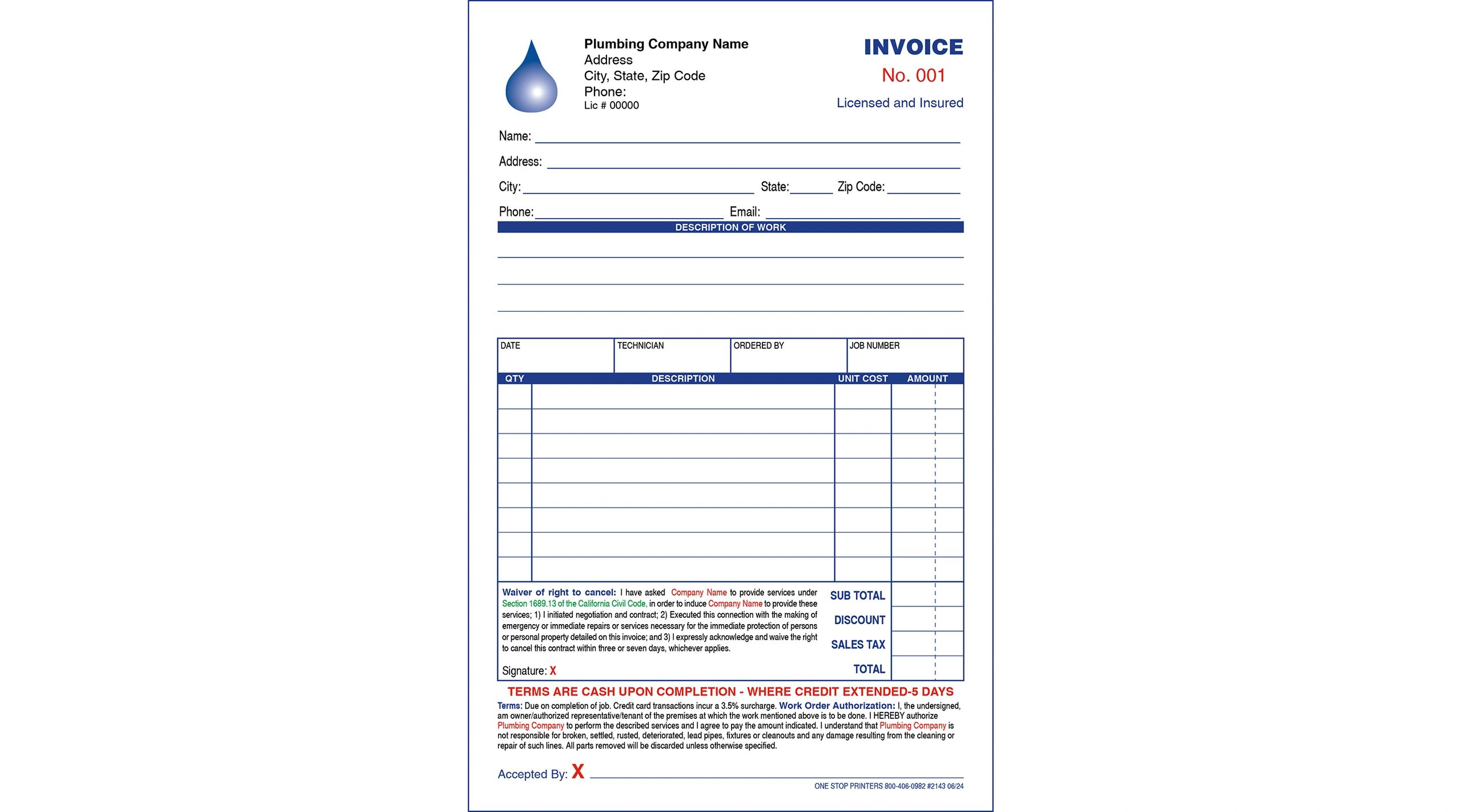 Plumbing and Drain Cleaning Invoice/Receipt
