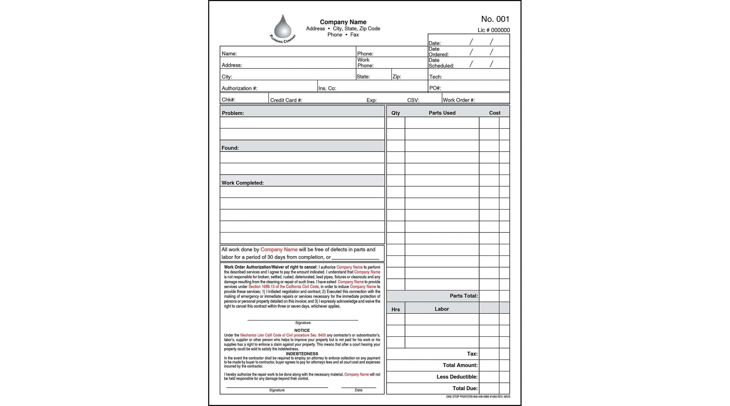 Plumbing Work Order/Invoice and Estimate