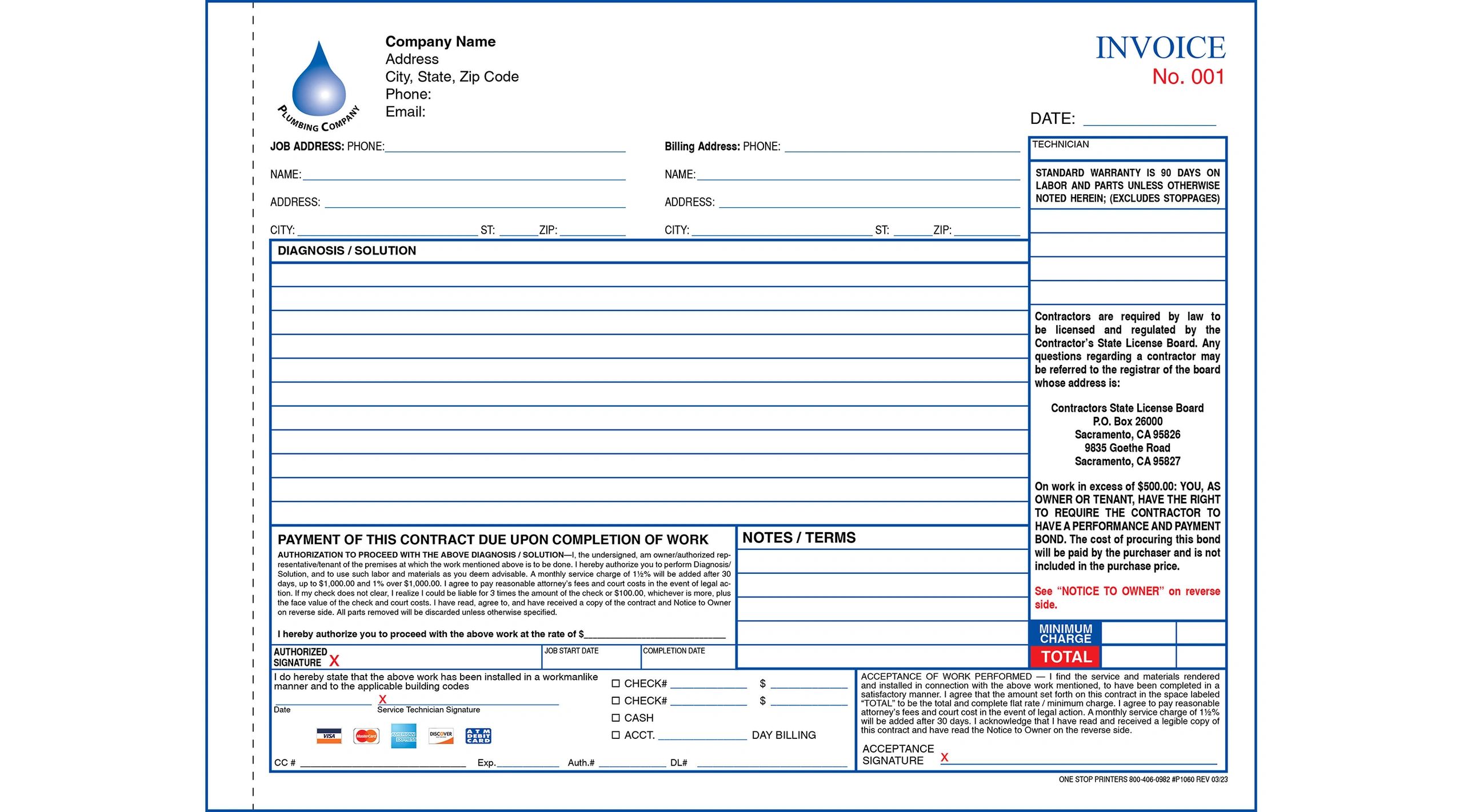 Plumbing Repair Invoice and Work Order