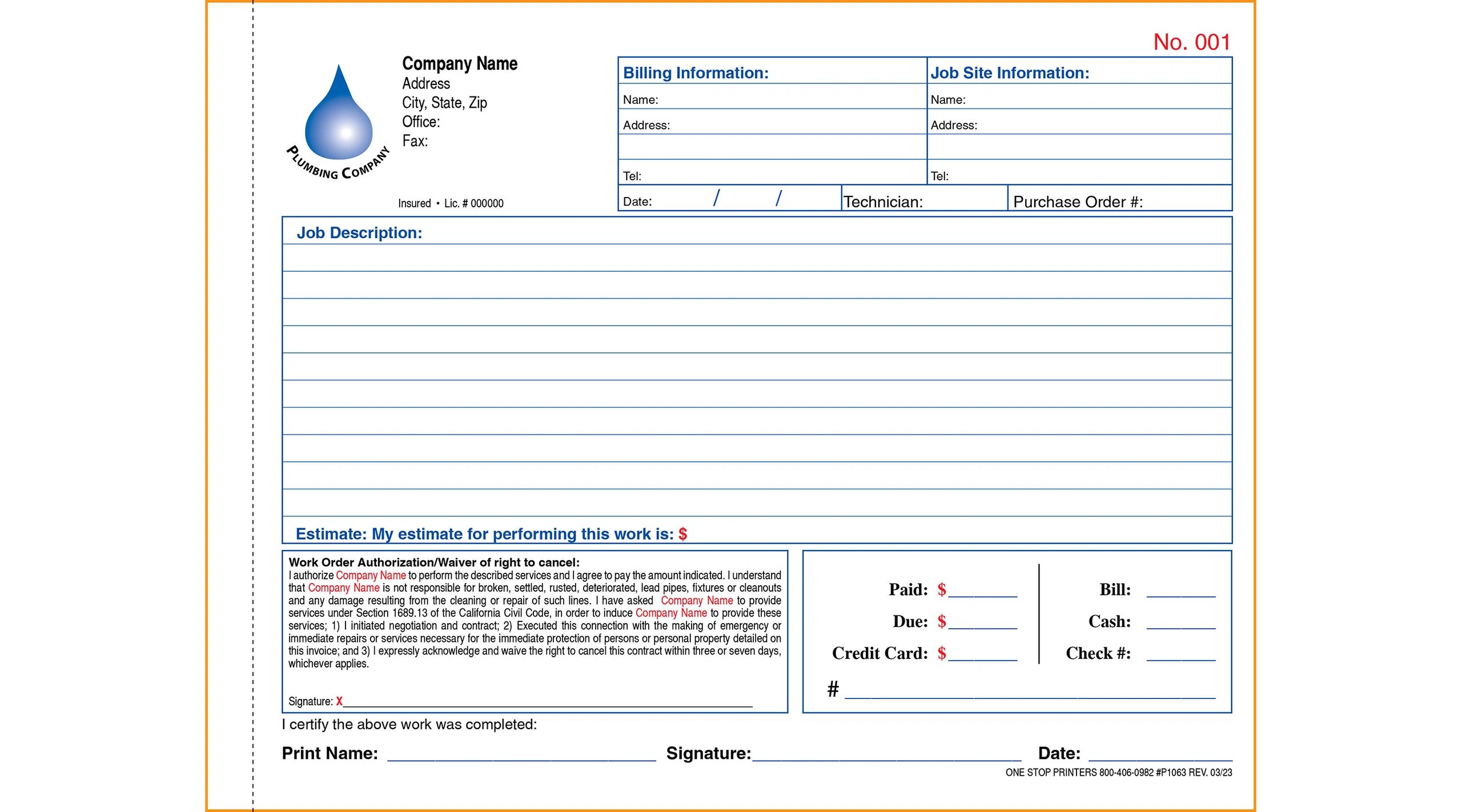 Plumbing Invoice/Work Order