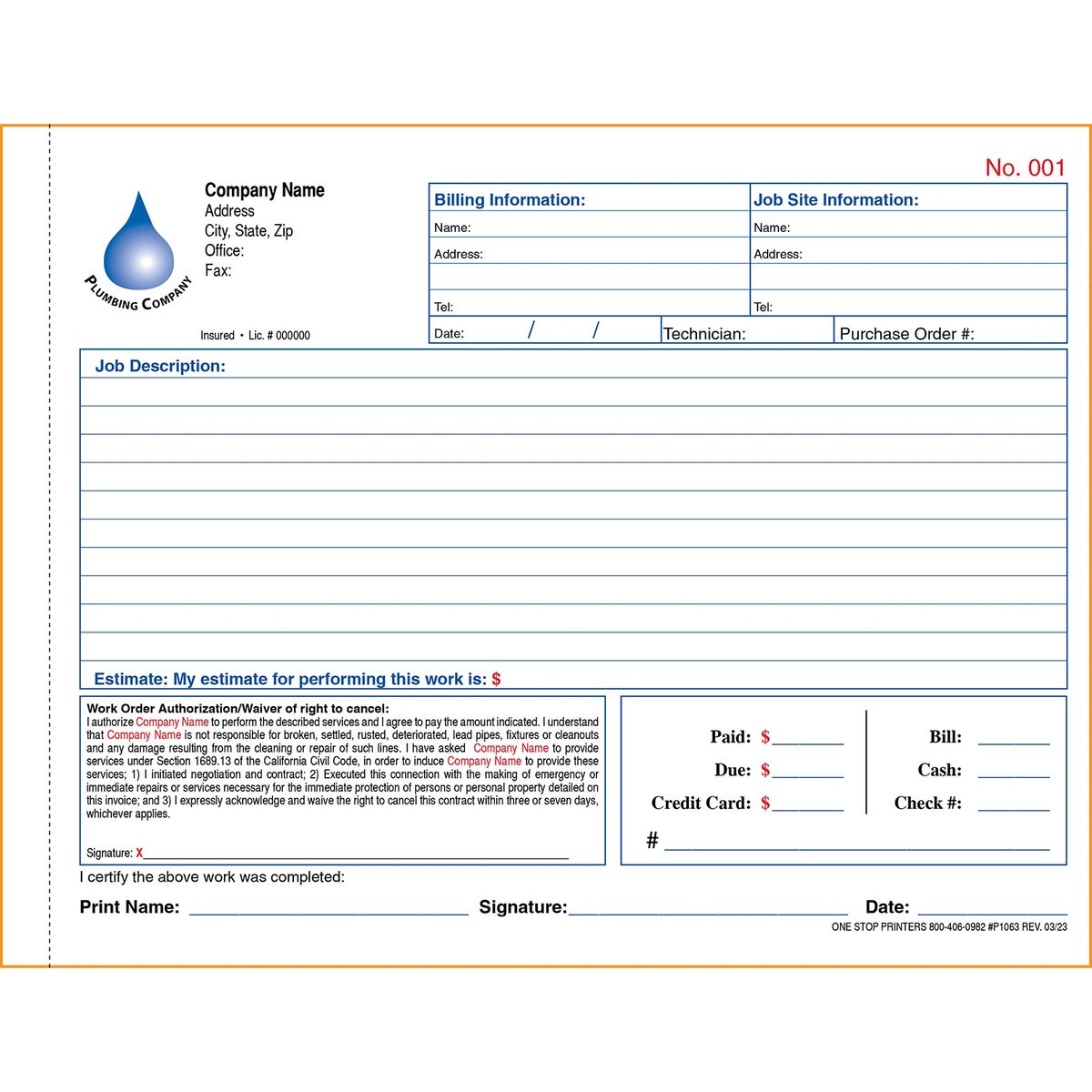 Plumbing Invoice Work Order #1063
