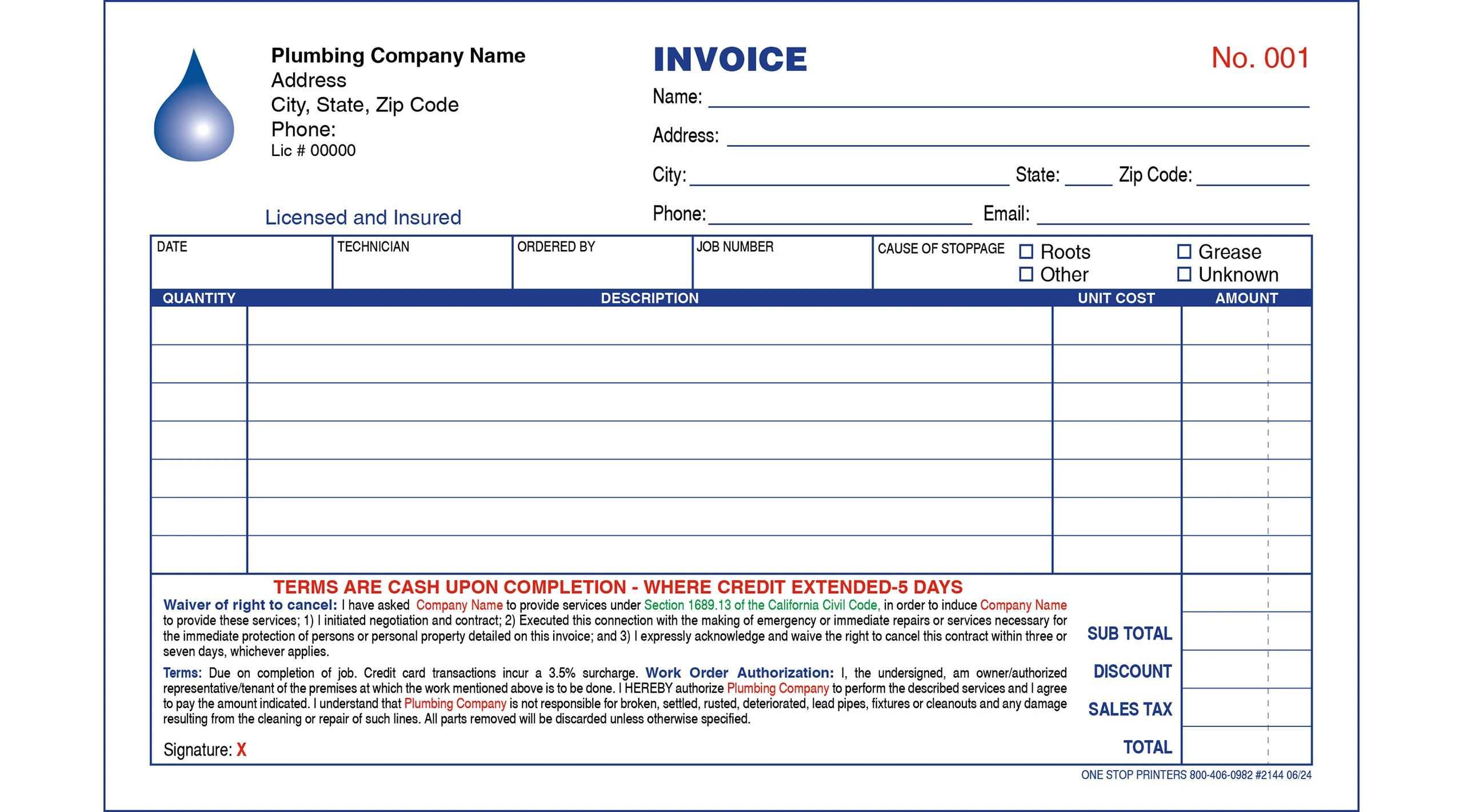 Plumbing and Rooter Service Work Order/Invoice