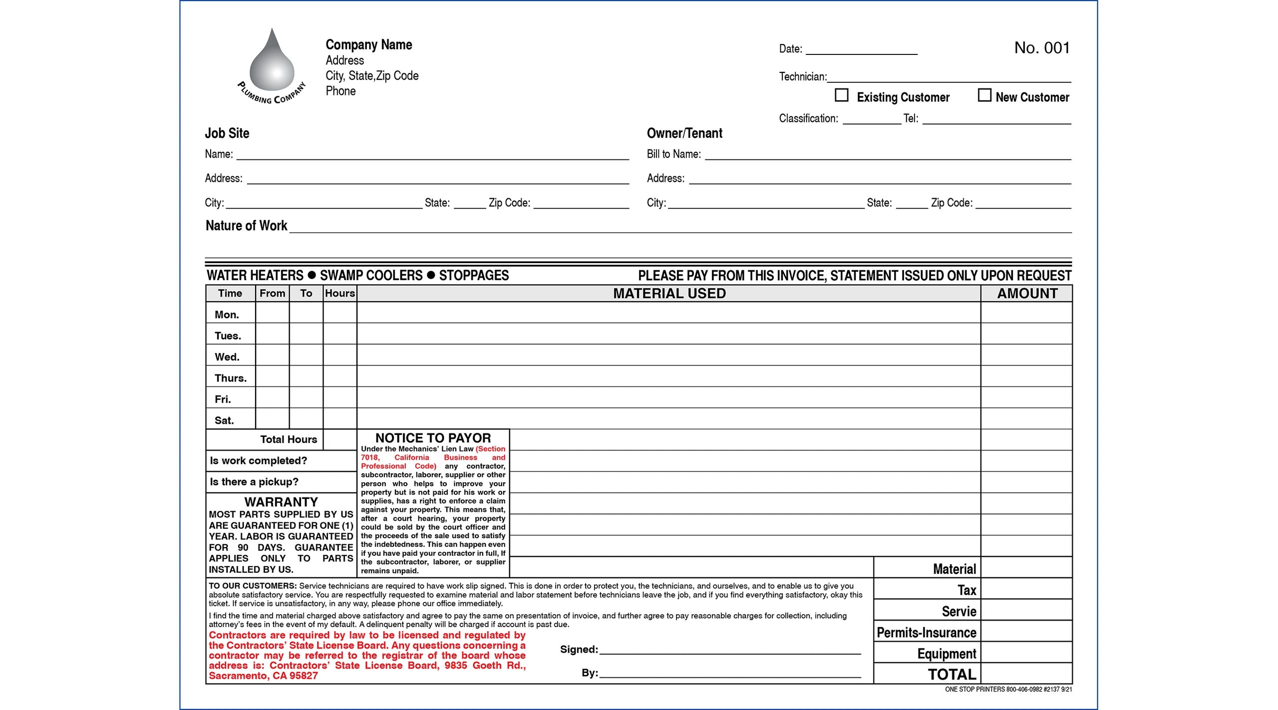 Plumbing Invoice, Rooter Service Order Receipt