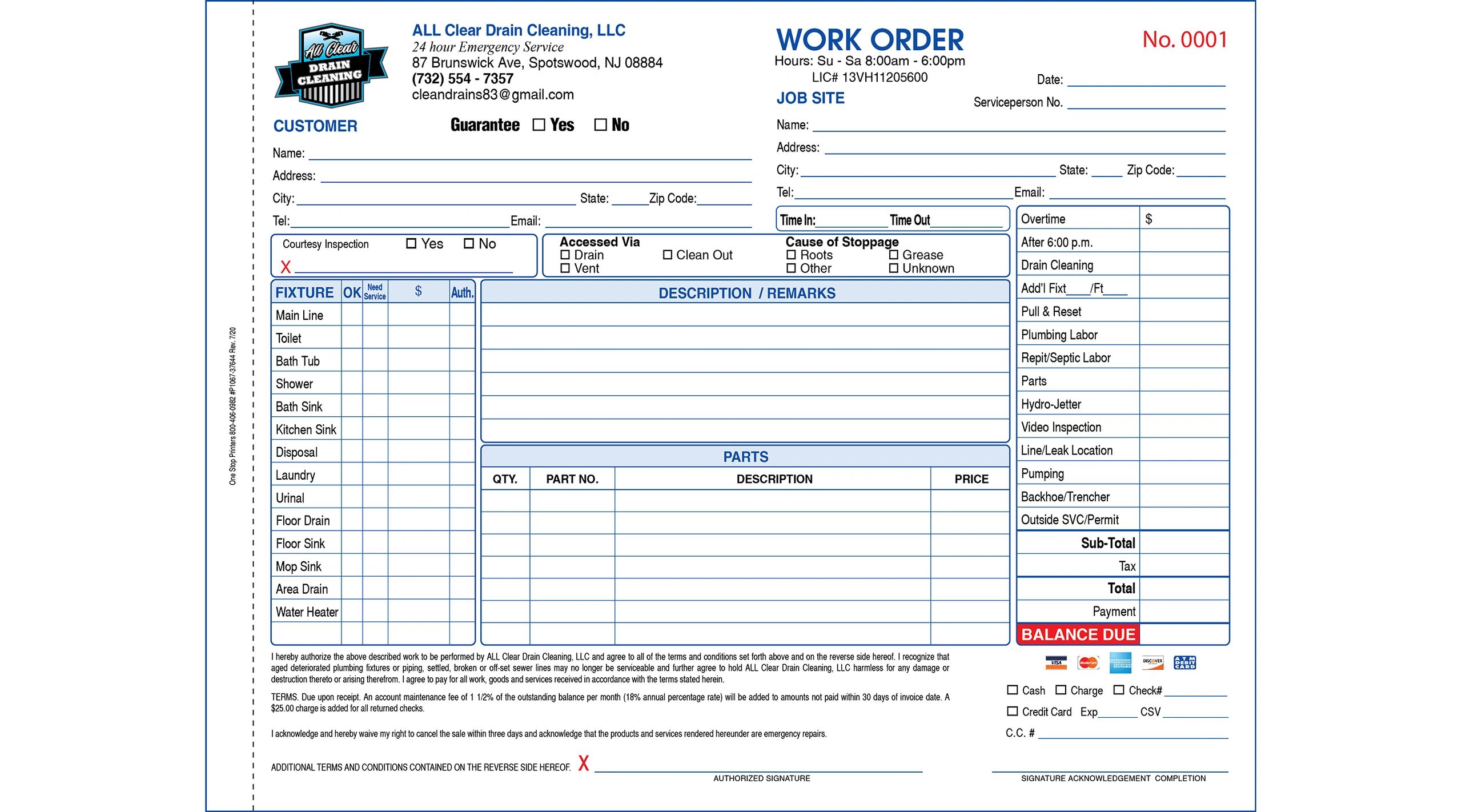 Drain Cleaning Work Order and Invoice