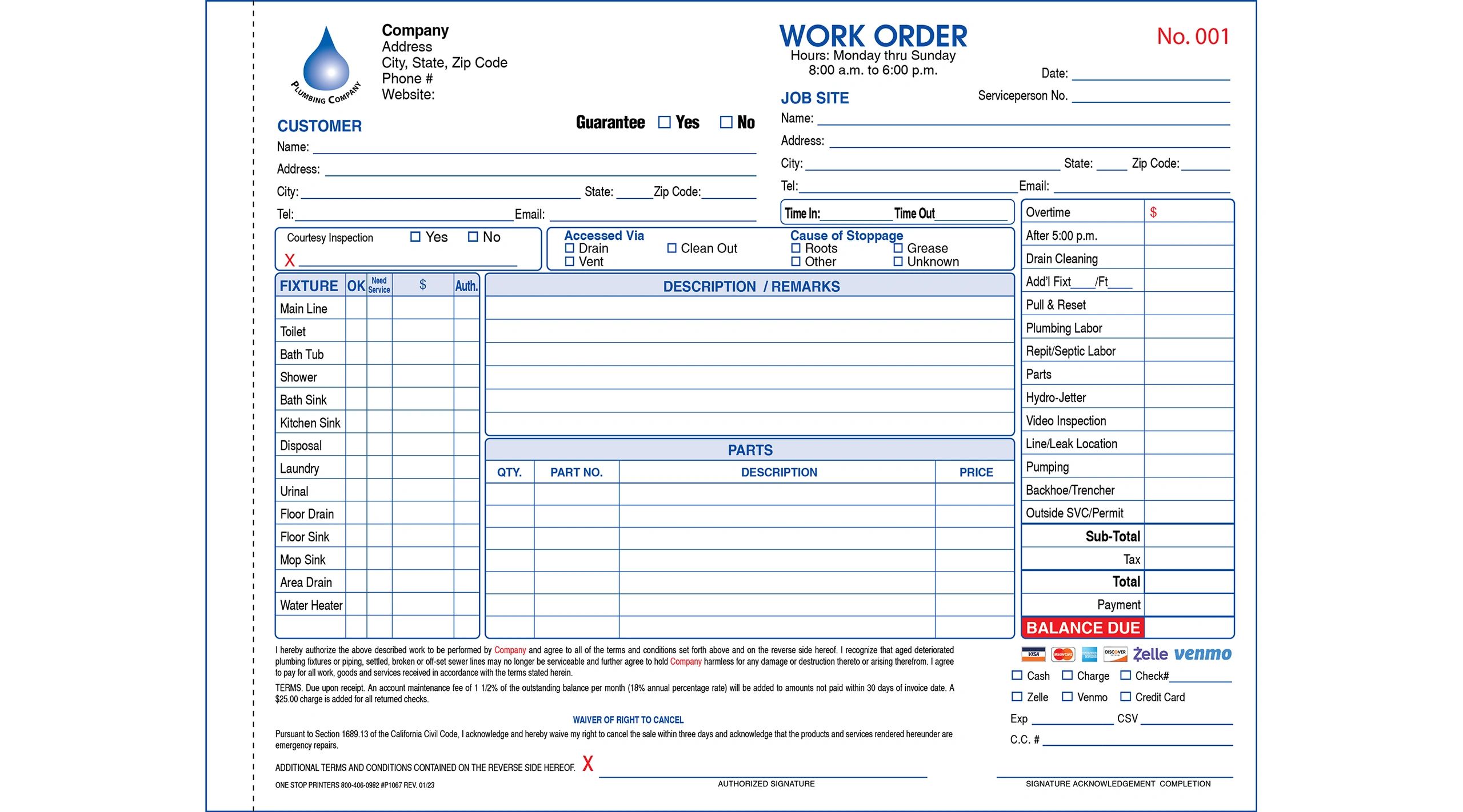 Plumbing Invoice, and Drain Cleaning Work Order