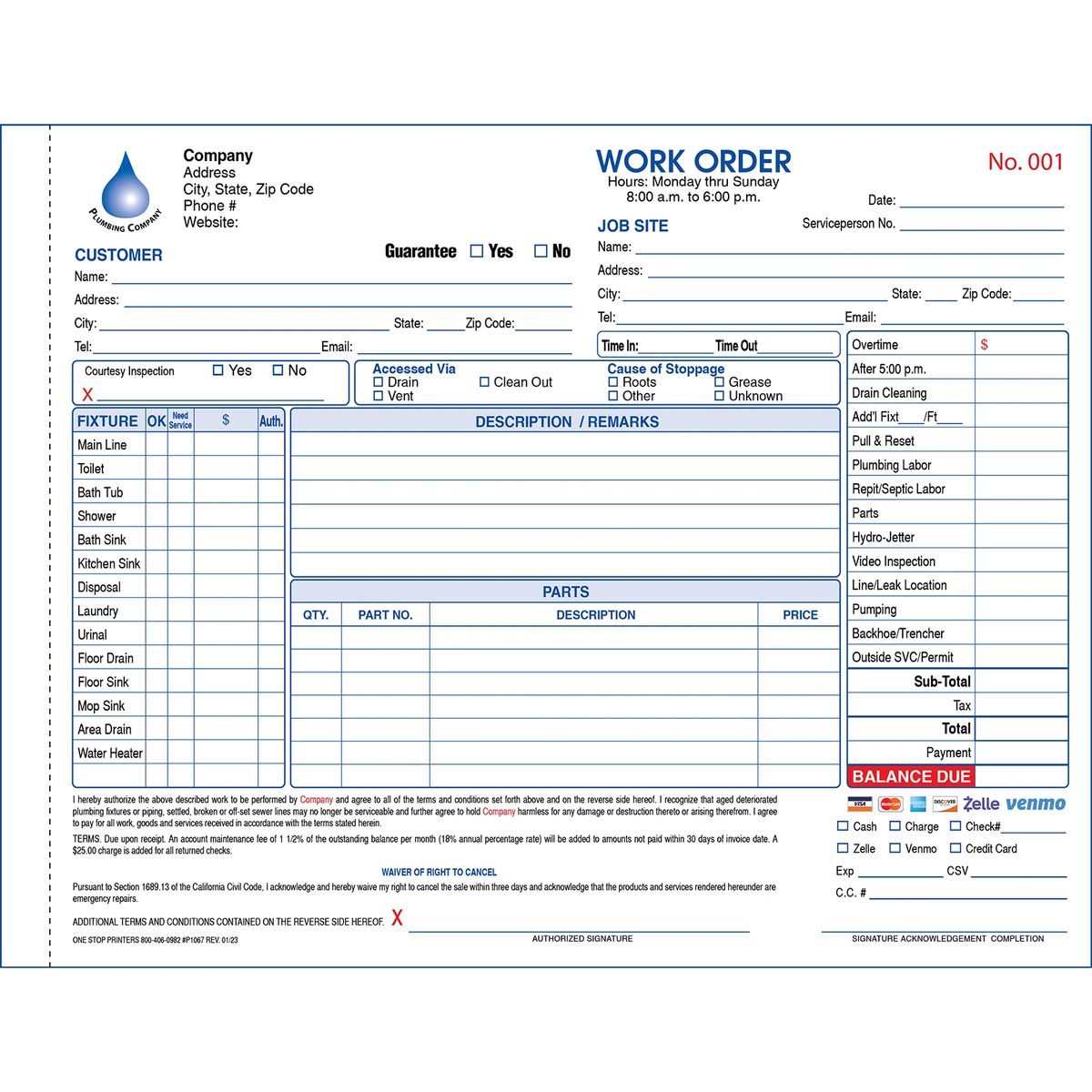 Plumbing, Drain Cleaning and Septic System Invoice #1067