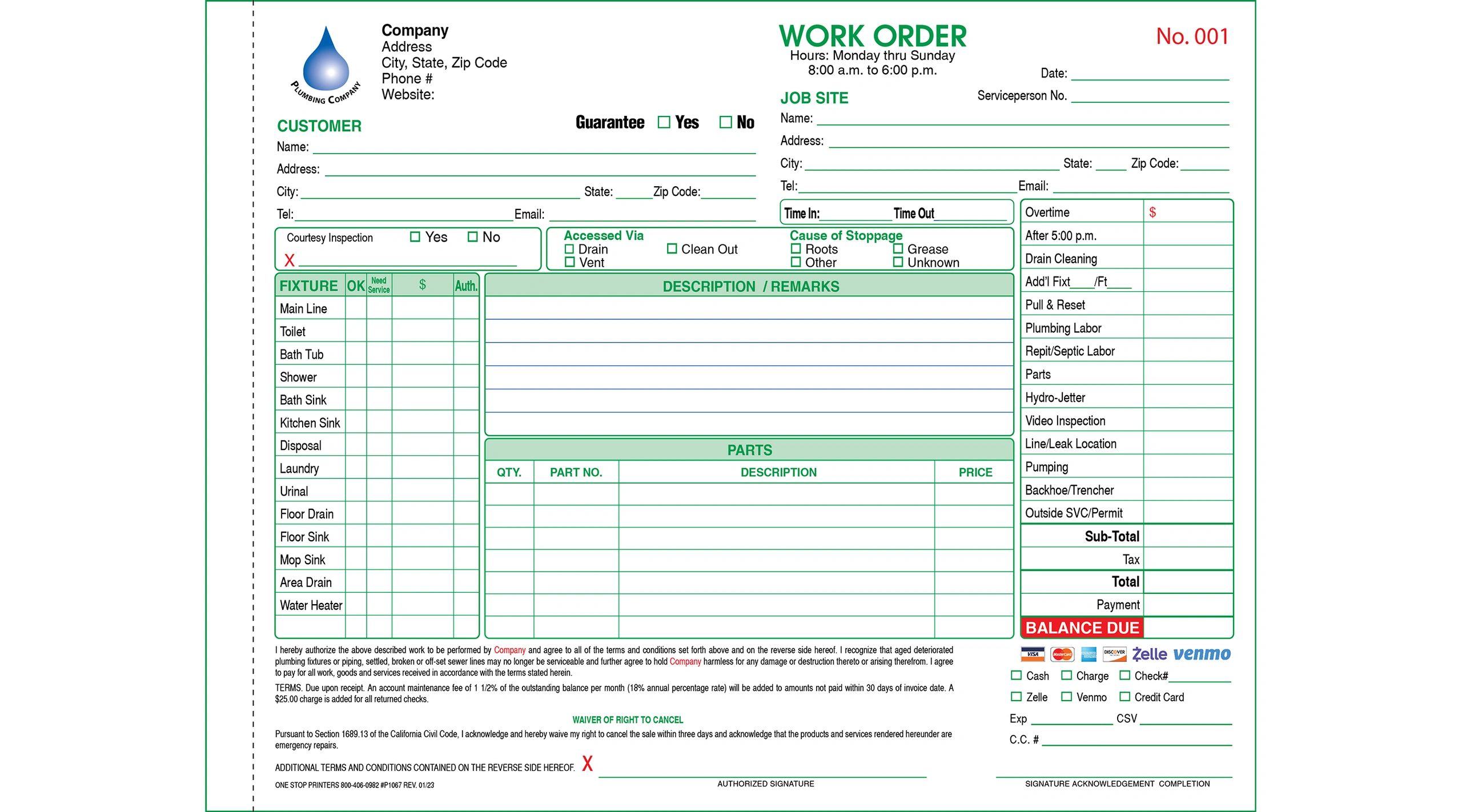 One Stop Printers’ Plumbing Work Order/Invoice