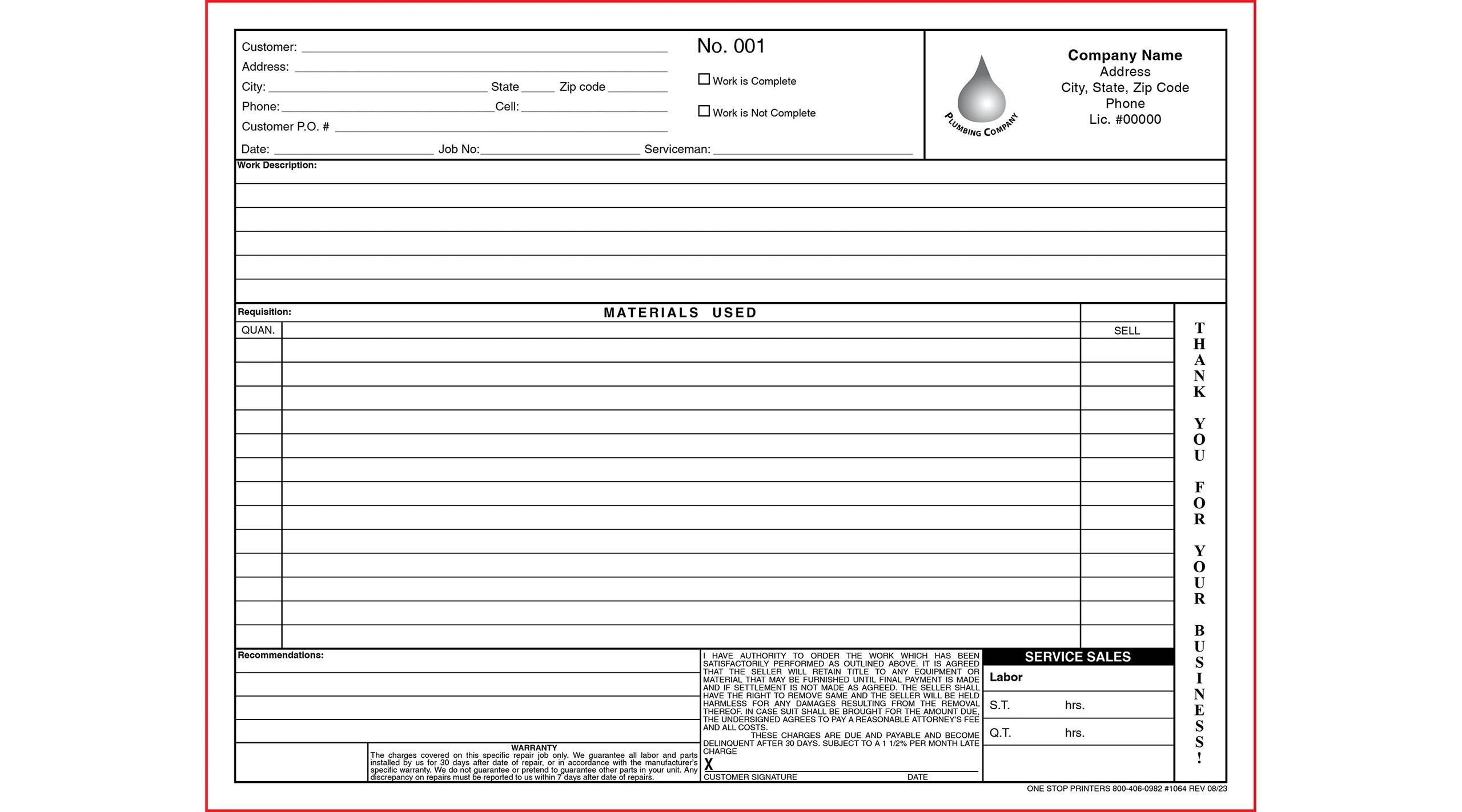 Plumbing Work Order/Invoice