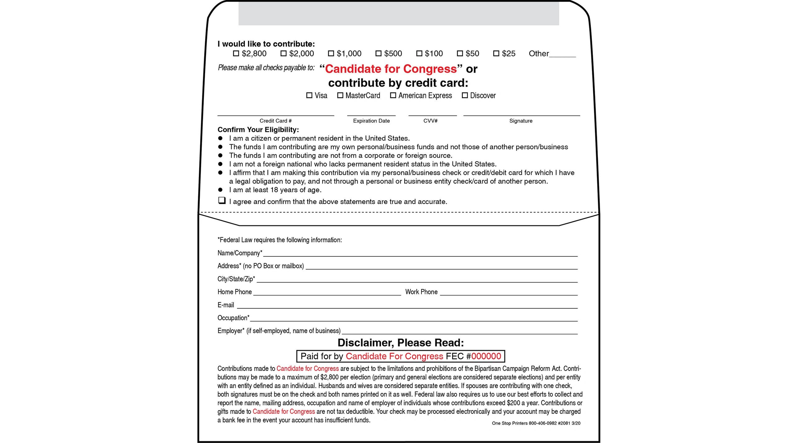 Political Campaign Donation Envelopes